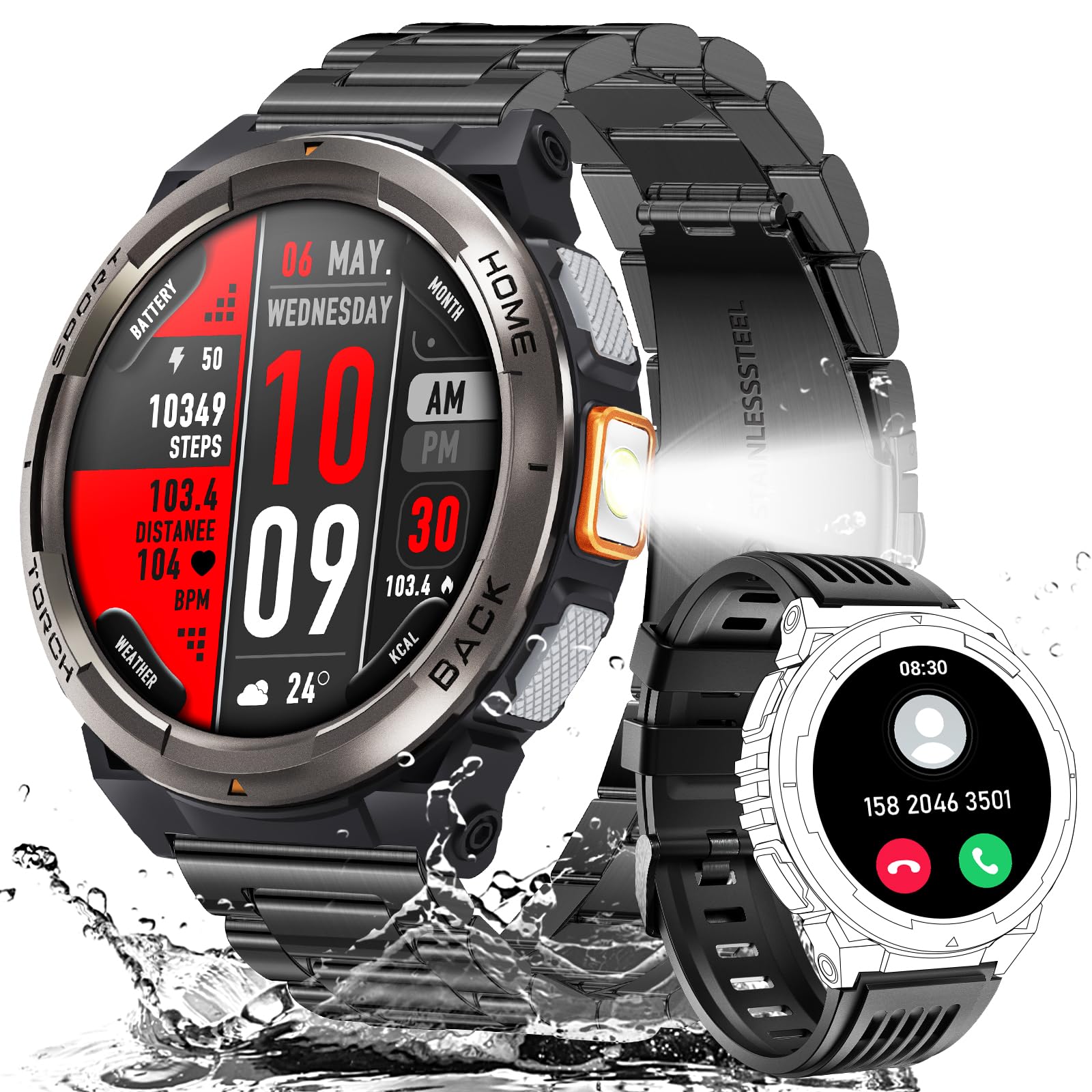 EIGIIS KE5 Military Smart Watch for Men with Flashlight SOS 3ATM ...