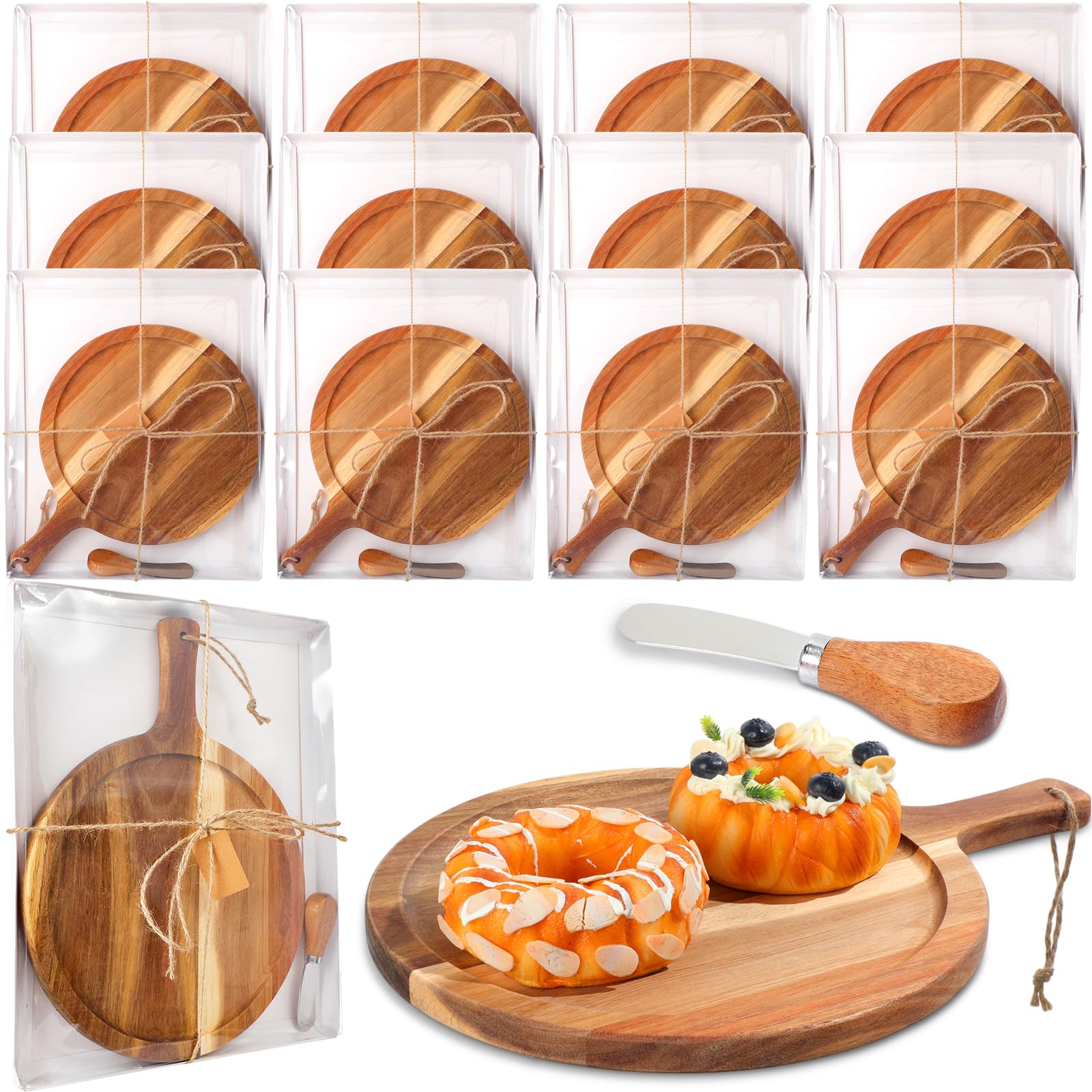 Tanlade 12 Set Acacia Wood Round Cutting Board with Knife for Mother ...