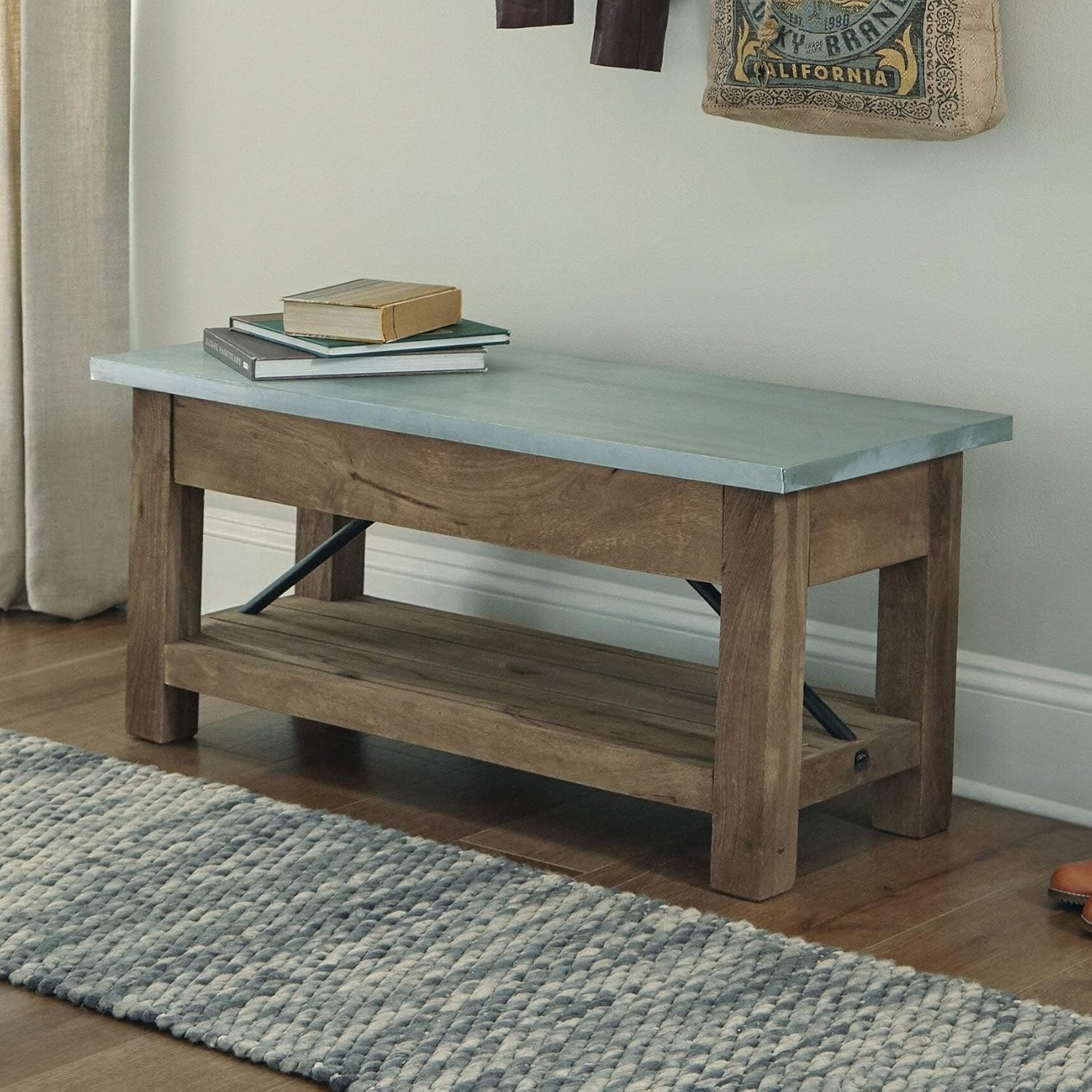 Amazon.com: Wood and Zinc Metal 40-inch Bench with Shelf Brown Silver ...