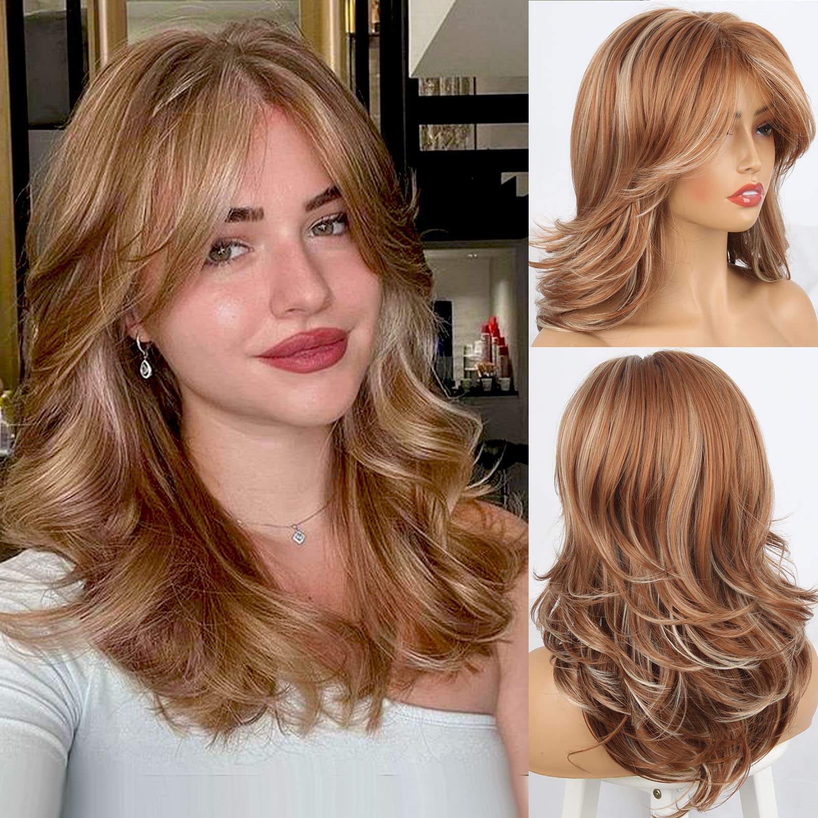 LEOSA Strawberry Blonde Wig with Curtain Bangs,Long Honey Blonde Wavy ...