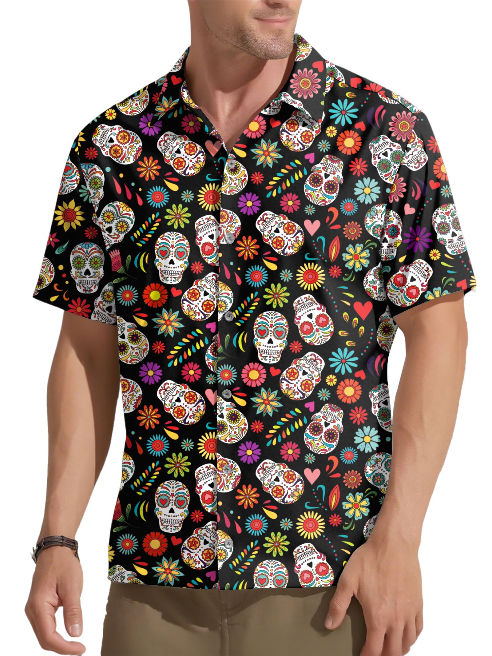 QAUN Dia De Los Muertos Shirts for Men Day of Dead Tees Skeleton Button ...