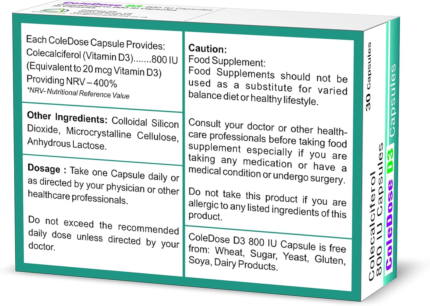 Vitamin D 800 IU –Equivalent to 20 mcg – ColeDose D3, Premium Vitamin ...