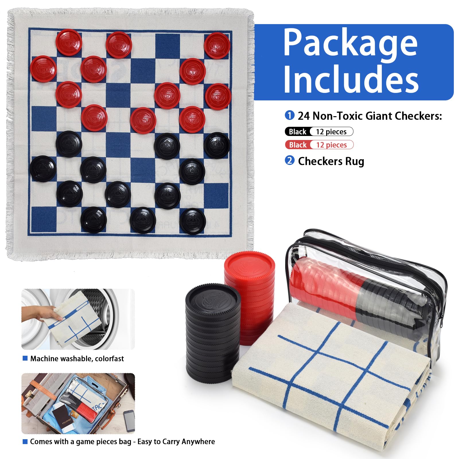 Giant Checkers Set, 3 in 1 Tic Tac Toe Game Board for Adults Kids with ...