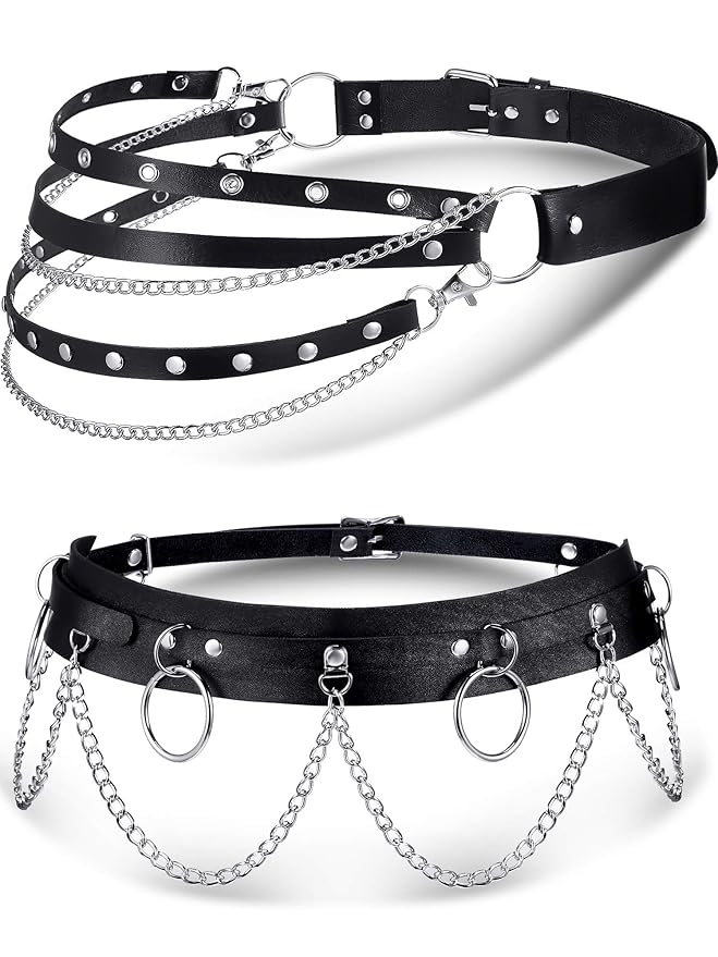 Buy 2 Pieces Punk Waist Chain Gothic Punk Waist Belt Faux Leather Belt ...