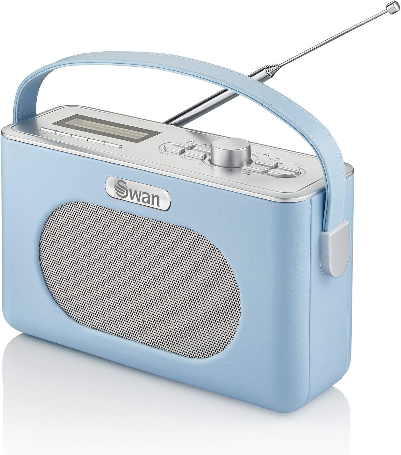 Swan Blue Retro Radio, 3W Power Output, 24 Hour Auto Adjusting Clock ...