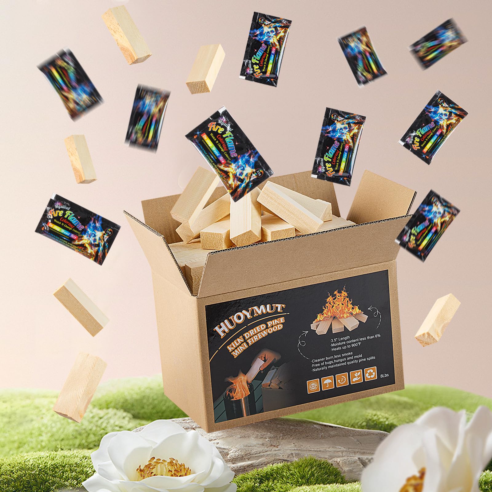 HuoYmut Kiln Dried Mini Firewood with 10pcs Fire Color Changing Packets ...
