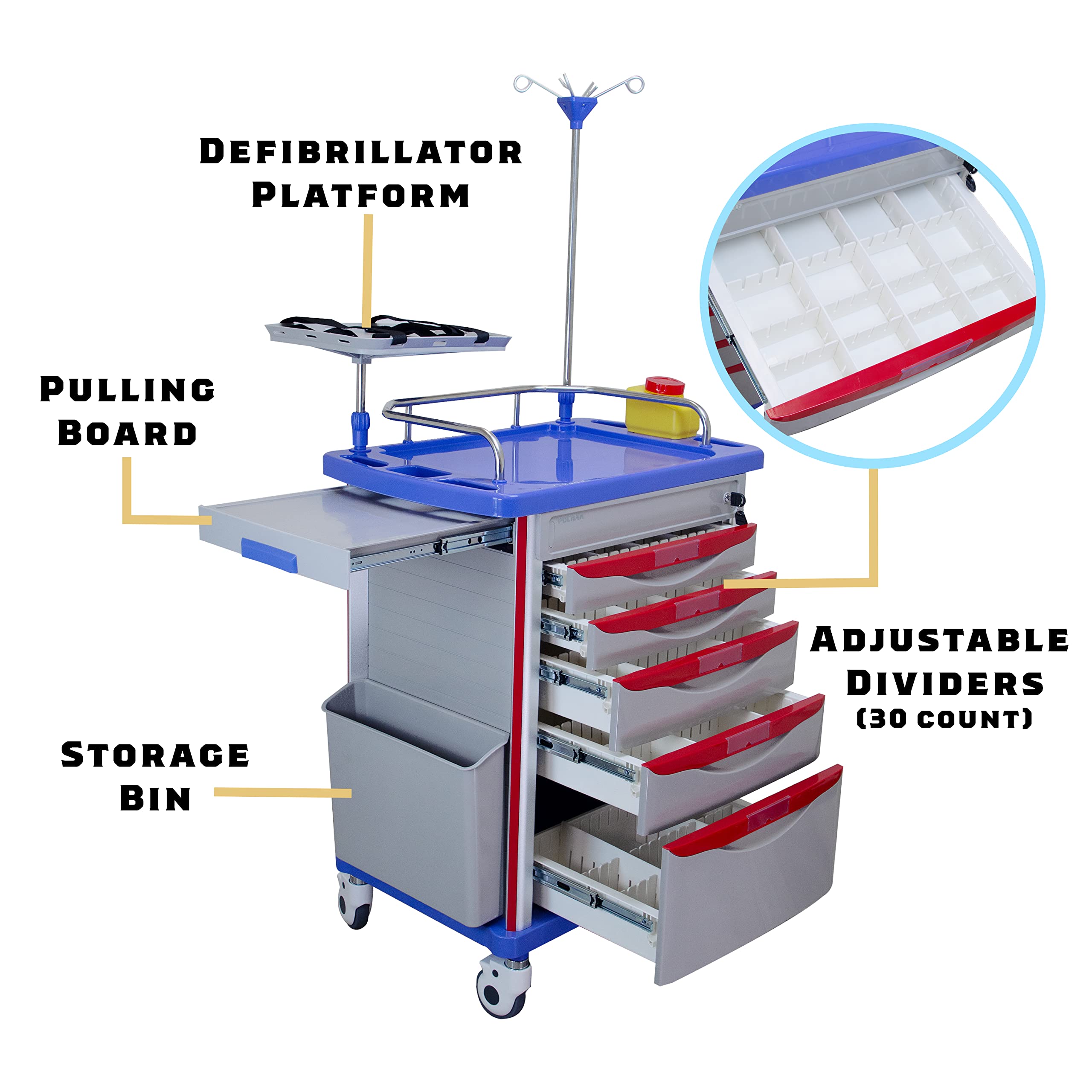 Mua Medical Crash Cart with Wheels and Drawers - Adjustable IV Pole ...