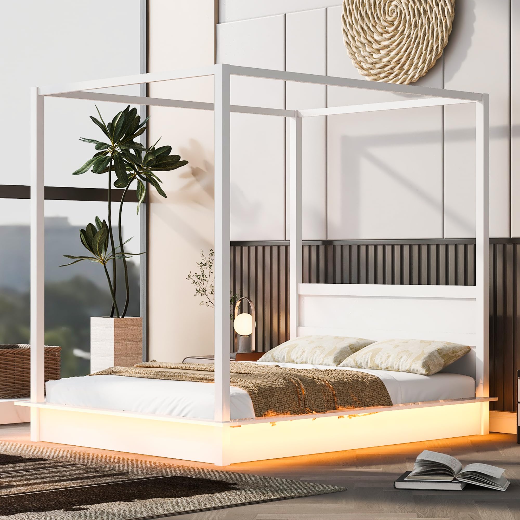BOVZA Queen Size Canopy Bed Frame with LED Lights and Headboard, Wooden ...