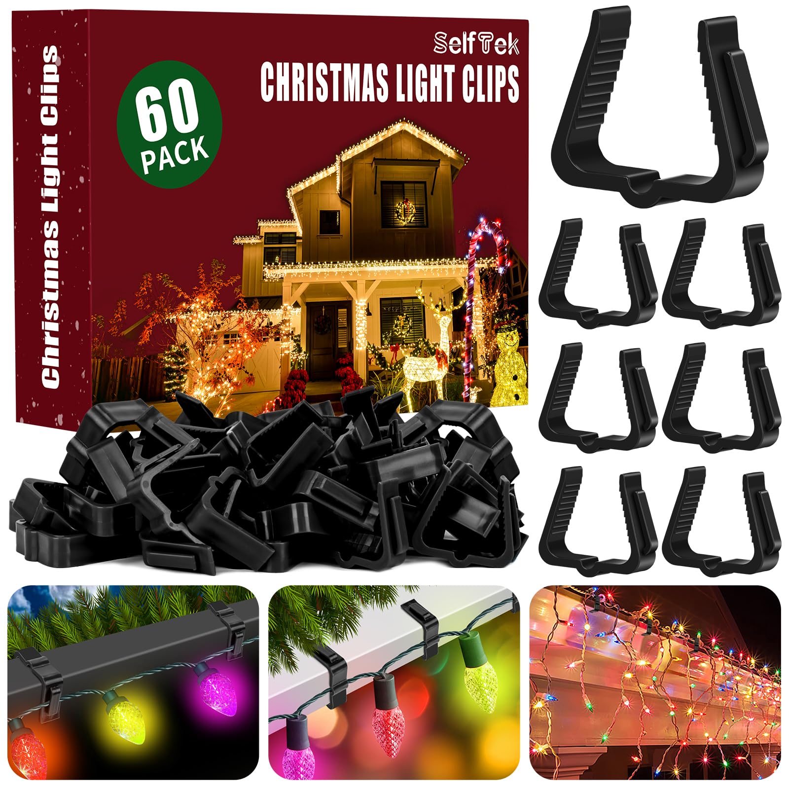 SelfTek 60 Pcs Christmas Light Clips Hooks, 1 5/8" Fascia Board Clips, Weatherproof Plastic ...