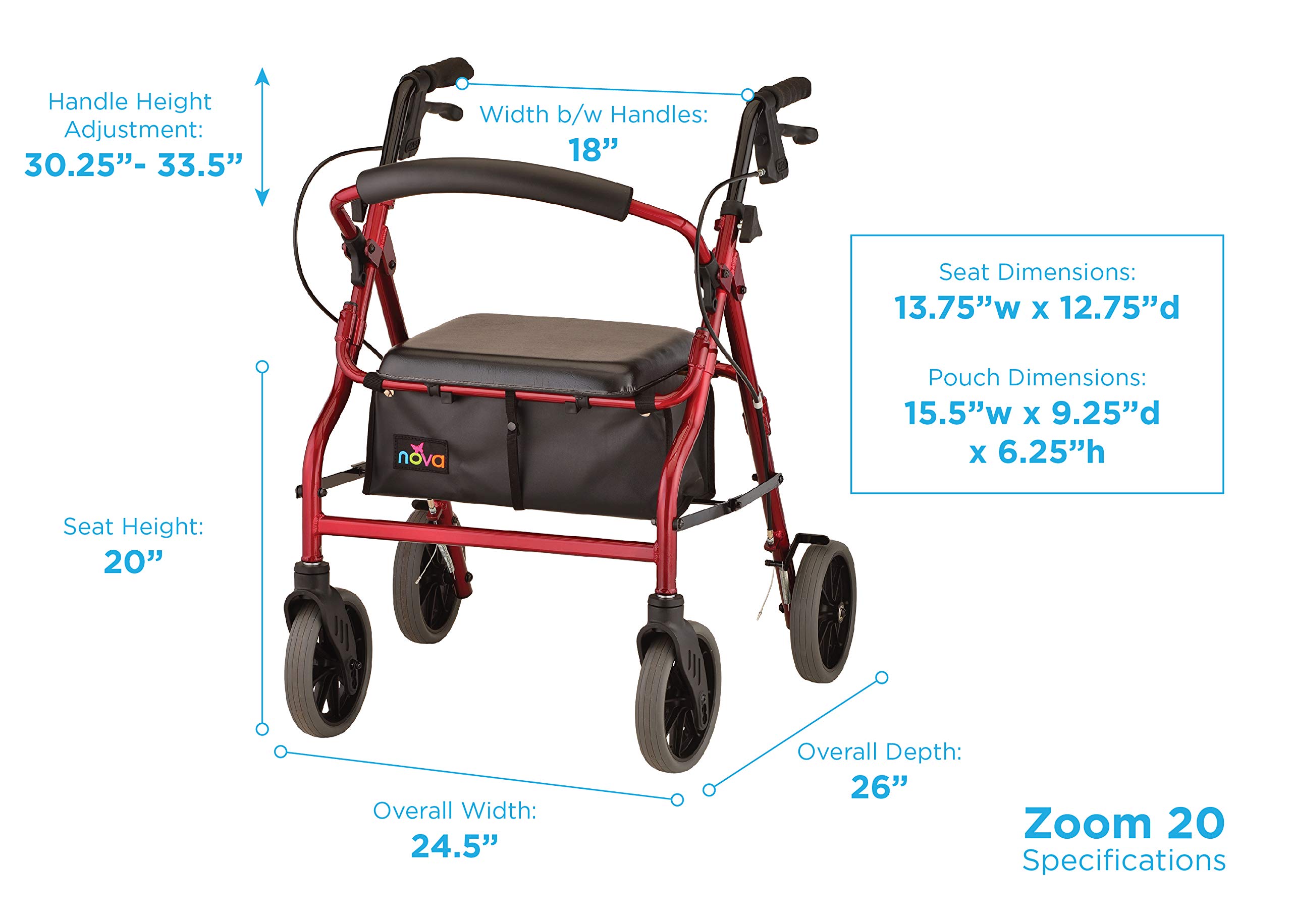 NOVA Medical Products Zoom Rollator Walker With Seat Height, 20 Inch ...