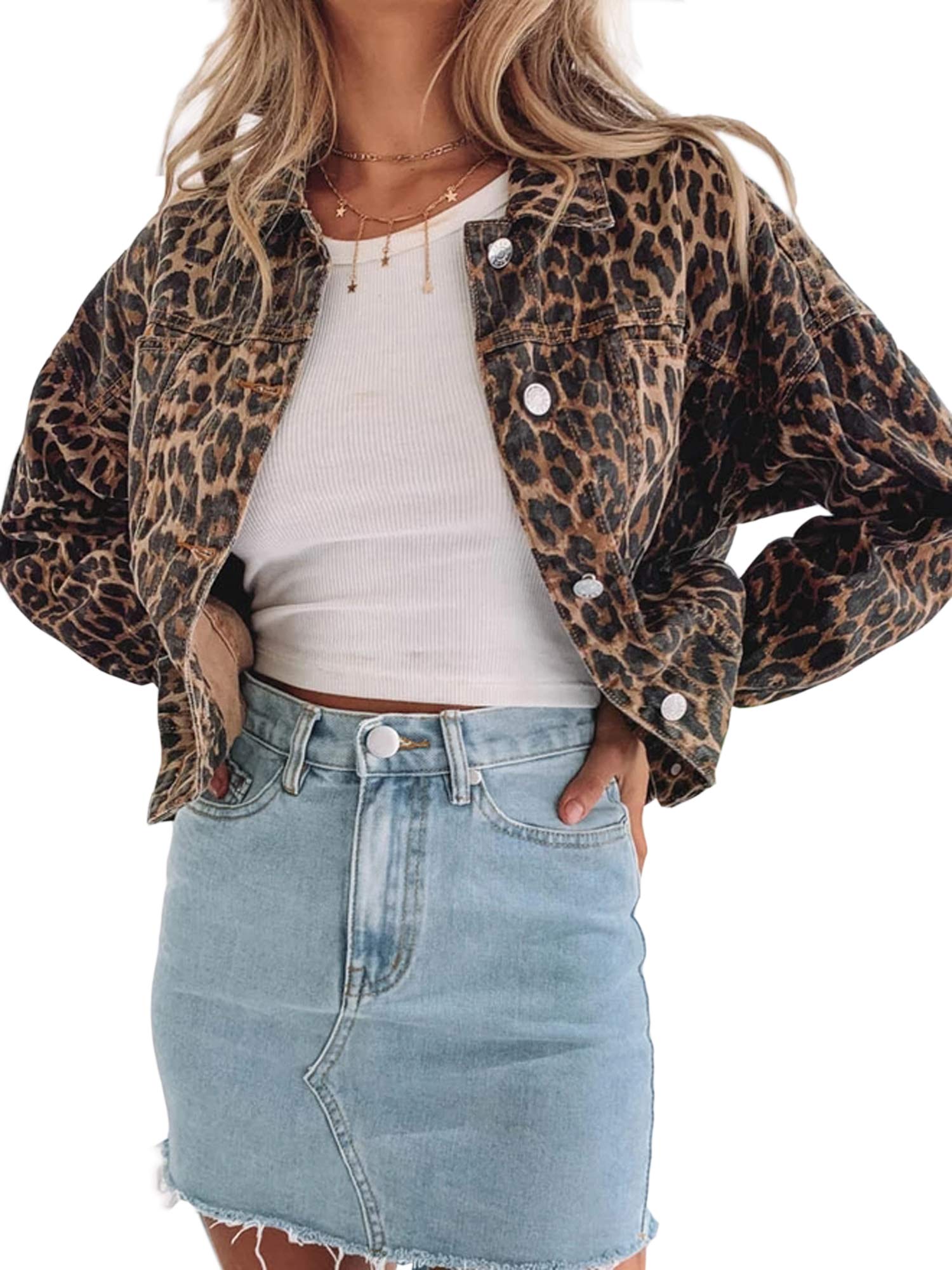Denim Jacket for Women Leopard Print Retro Shape Button-up Front Bomber ...