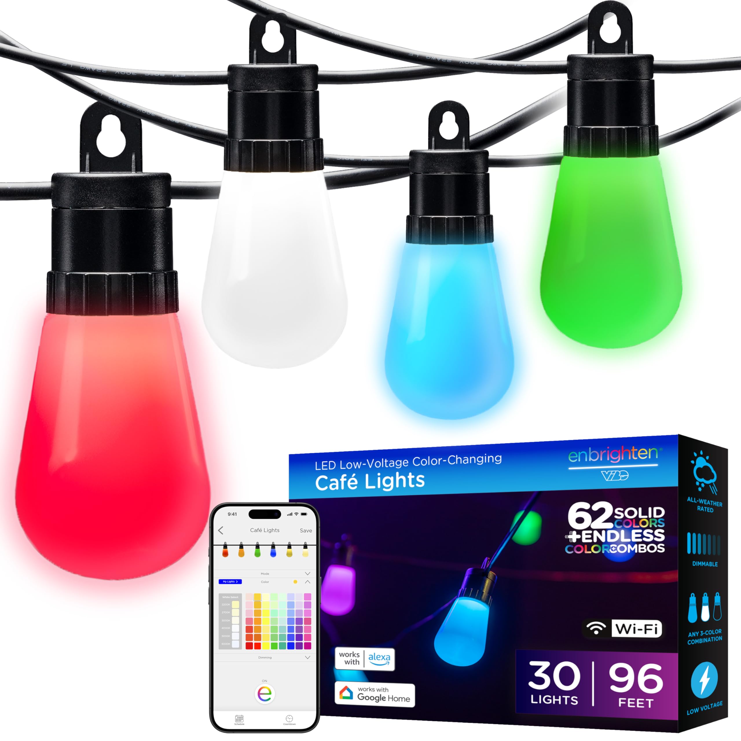 Enbrighten VIBE Smart Color Changing String Lights, 96ft, 30 ...