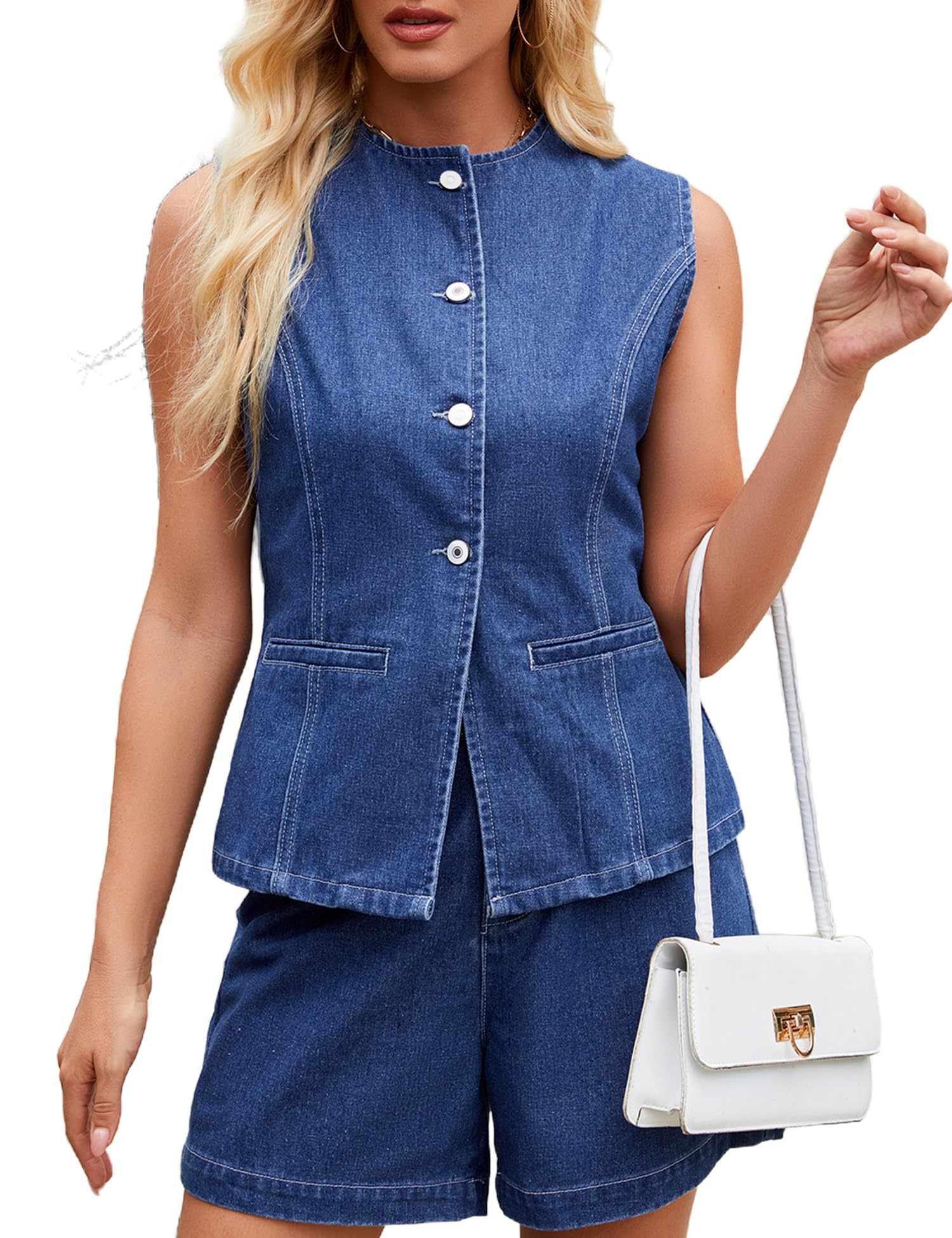 APRROOT Denim Vest Women Jean Vest Tops Crew Neck Sleeveless Button ...