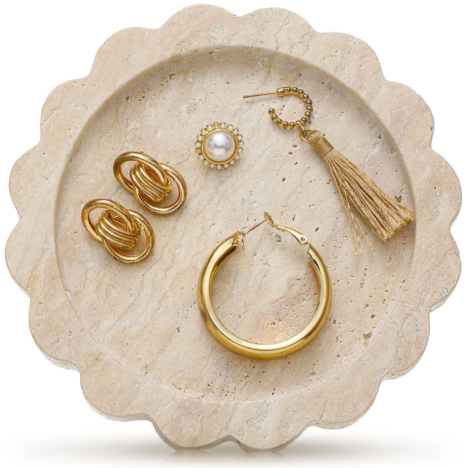 Threehoney 5.5 Inch Small Travertine Round Scallop Edge Tray Decorative ...