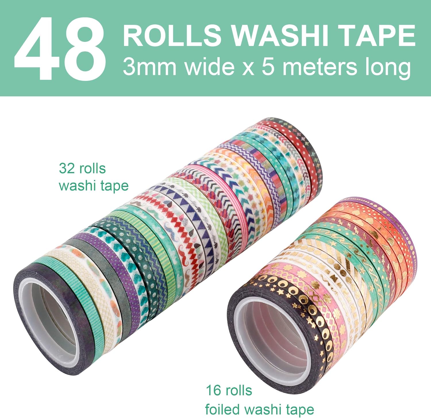48 Rolls Washi Tape Set,Foil Gold Skinny Decorative Masking Washi Tapes ...