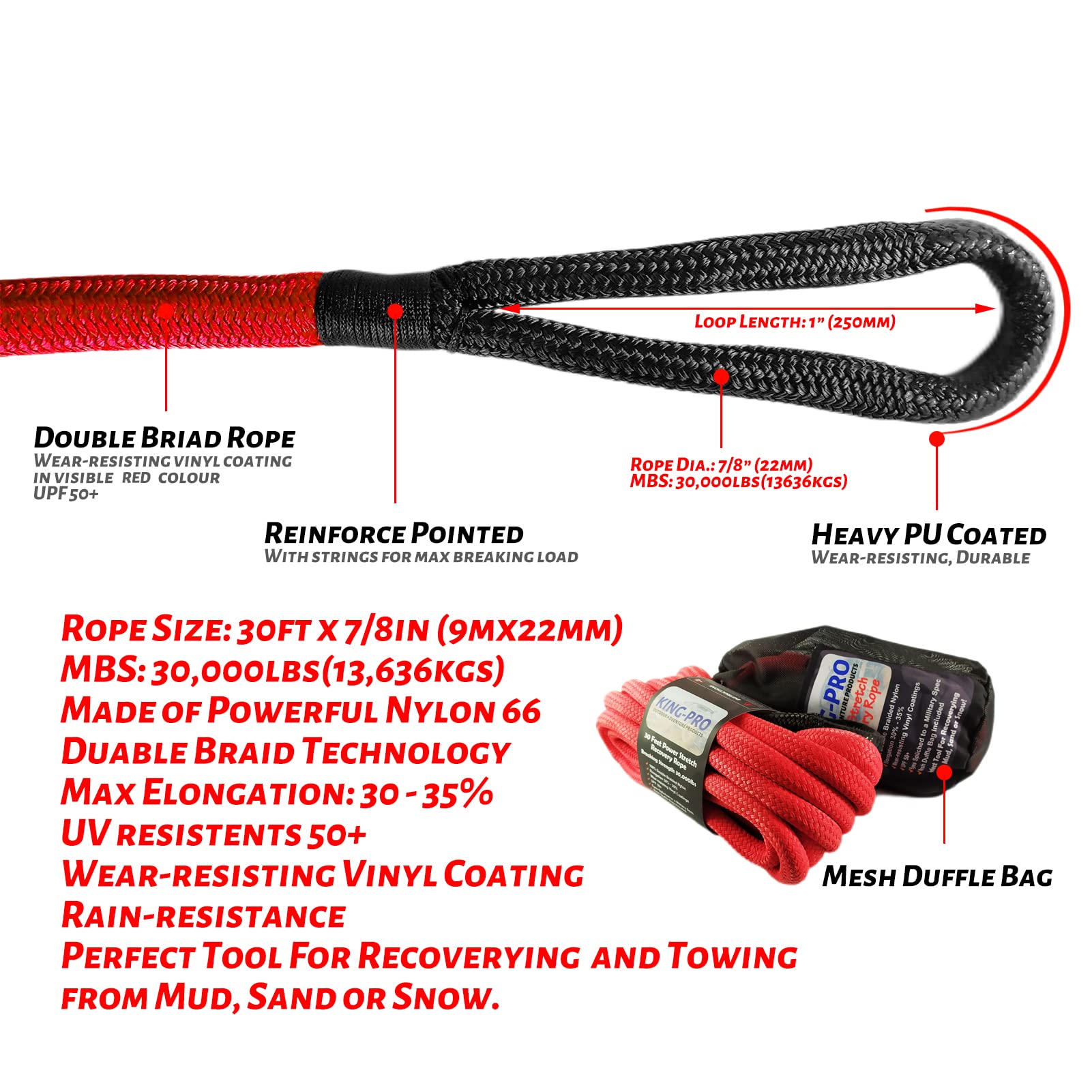 Mua KING-PRO Kinetic Recovery Rope 7/8“x30' Towing Rope 30,000lbs ...