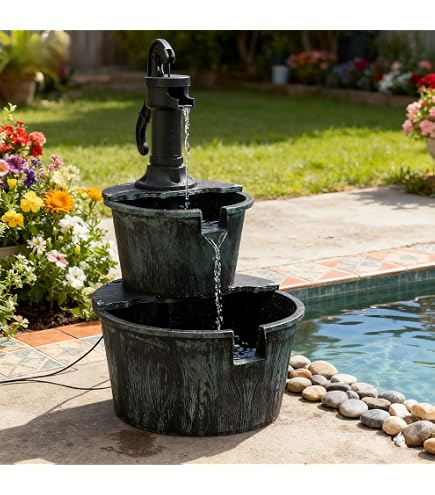 Outdoor Fountain 2-Tier Outdoor Waterfall Fountain, Freestanding Self ...