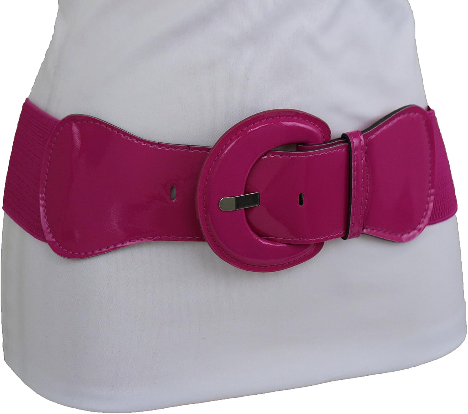 TFJ Women Wide Elastic Belt Hip Waist Faux Leather Big Round Buckle XS ...