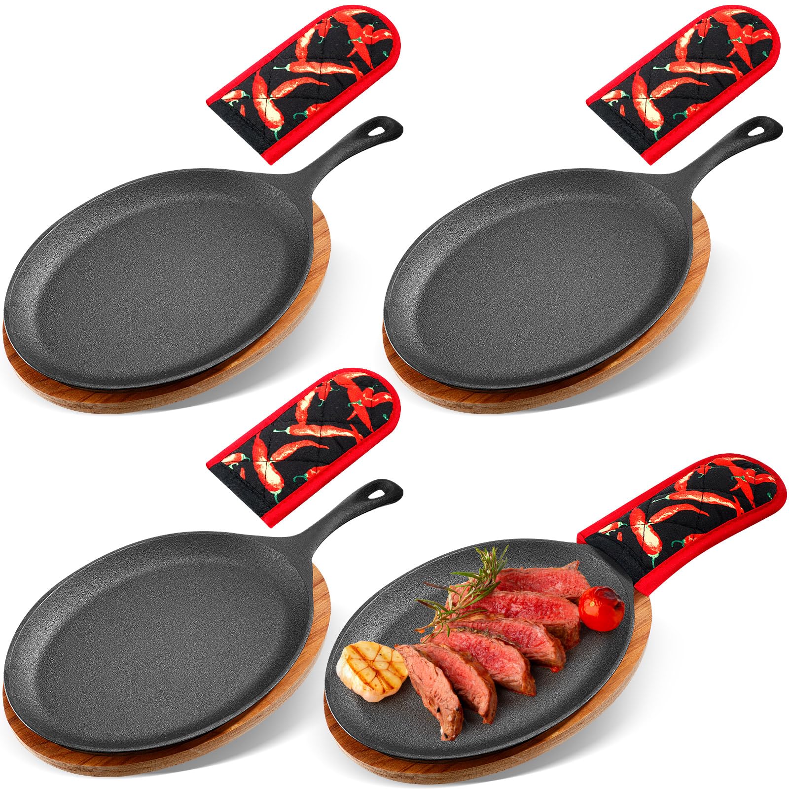 Lallisa 4 Sets Cast Iron Fajita Plate Set Fajita Plate Sizzler Pan with ...