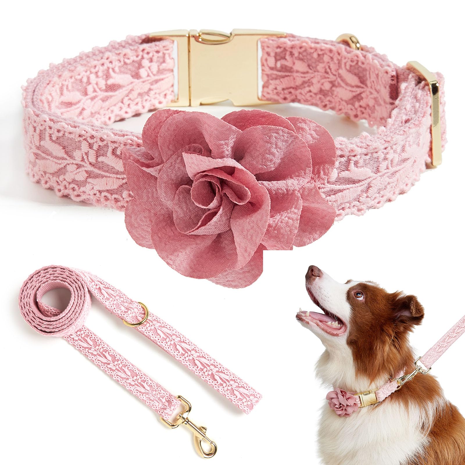 HQREA Pink Dog Collar and Leash for Medium Dogs Girls Adjustable Rose ...