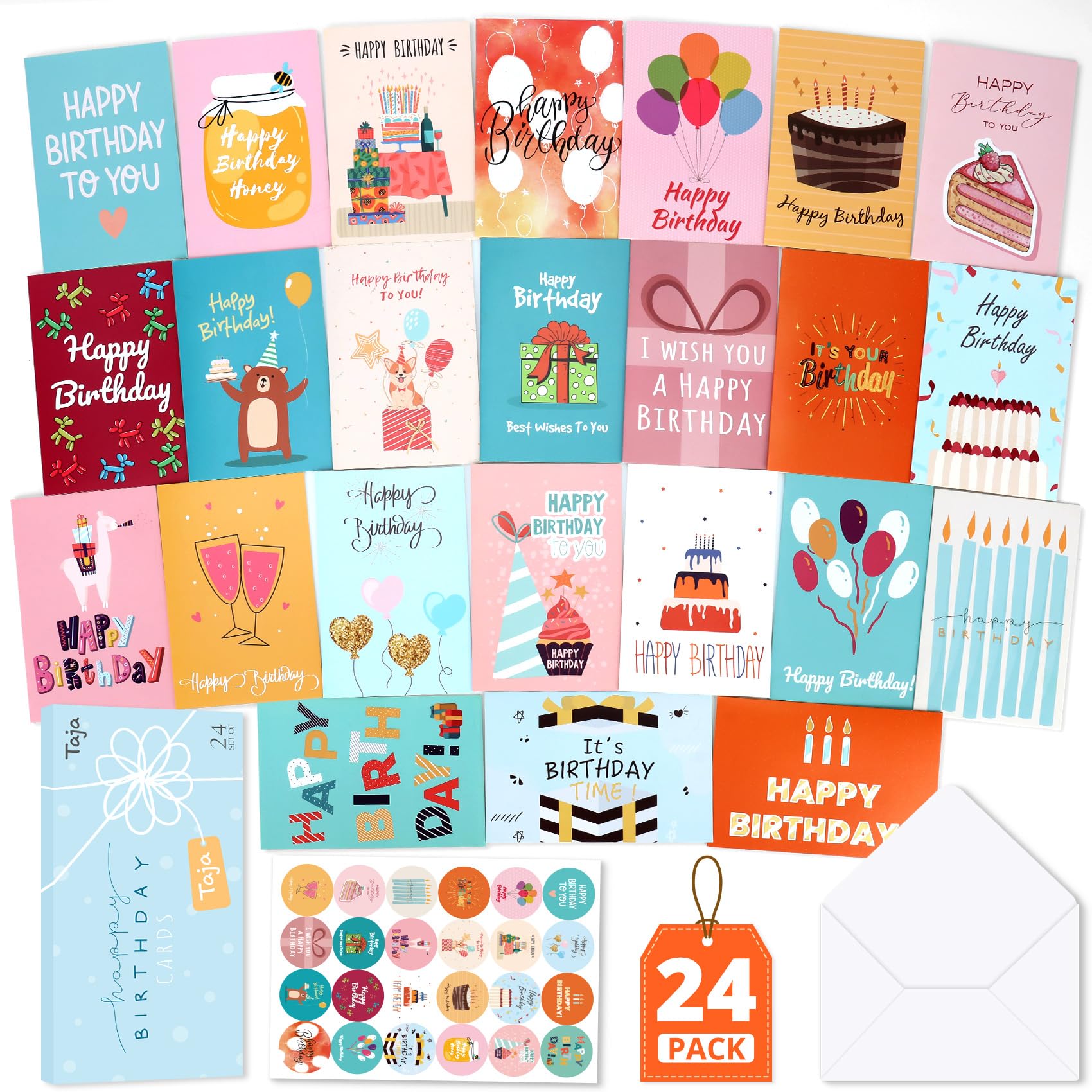 Taja Happy Birthday Cards Bulk, 24 Pack, 4x6 Inches Assorted Blank ...