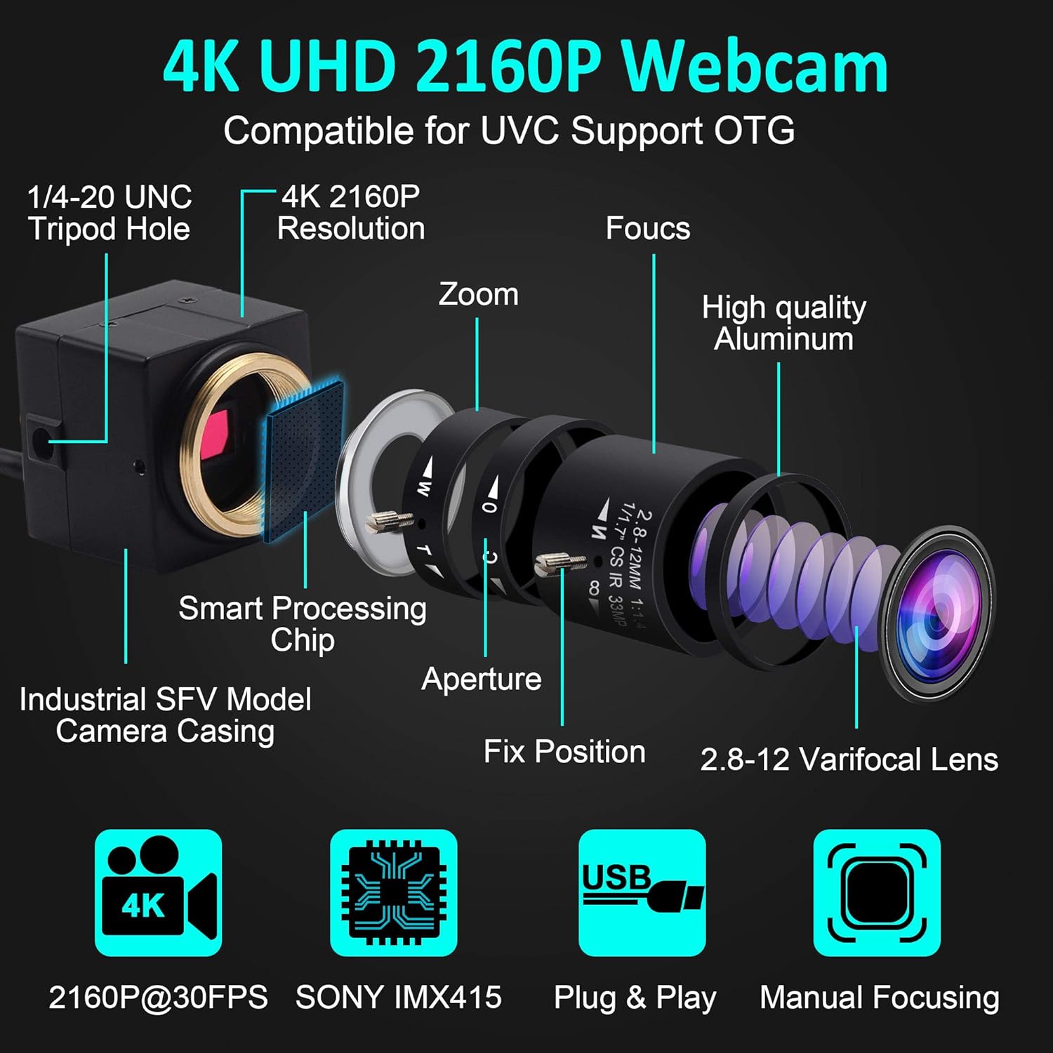 ELP 4K Zoom Webcam,Ultra HD IMX415 Sensor Wide Angle Web Camera,2.8 ...