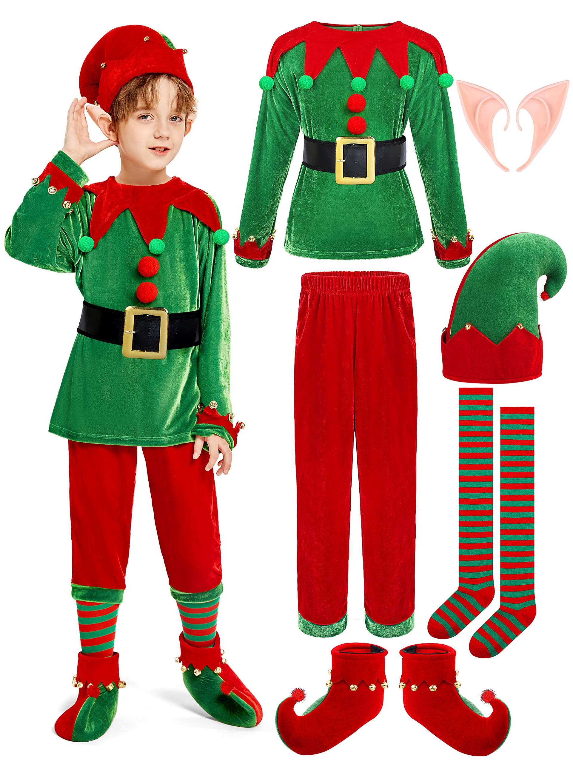 SOMSOC 7 Pack Kids Christmas Elf Costume Set Boys Velvet Elf Dress Up ...