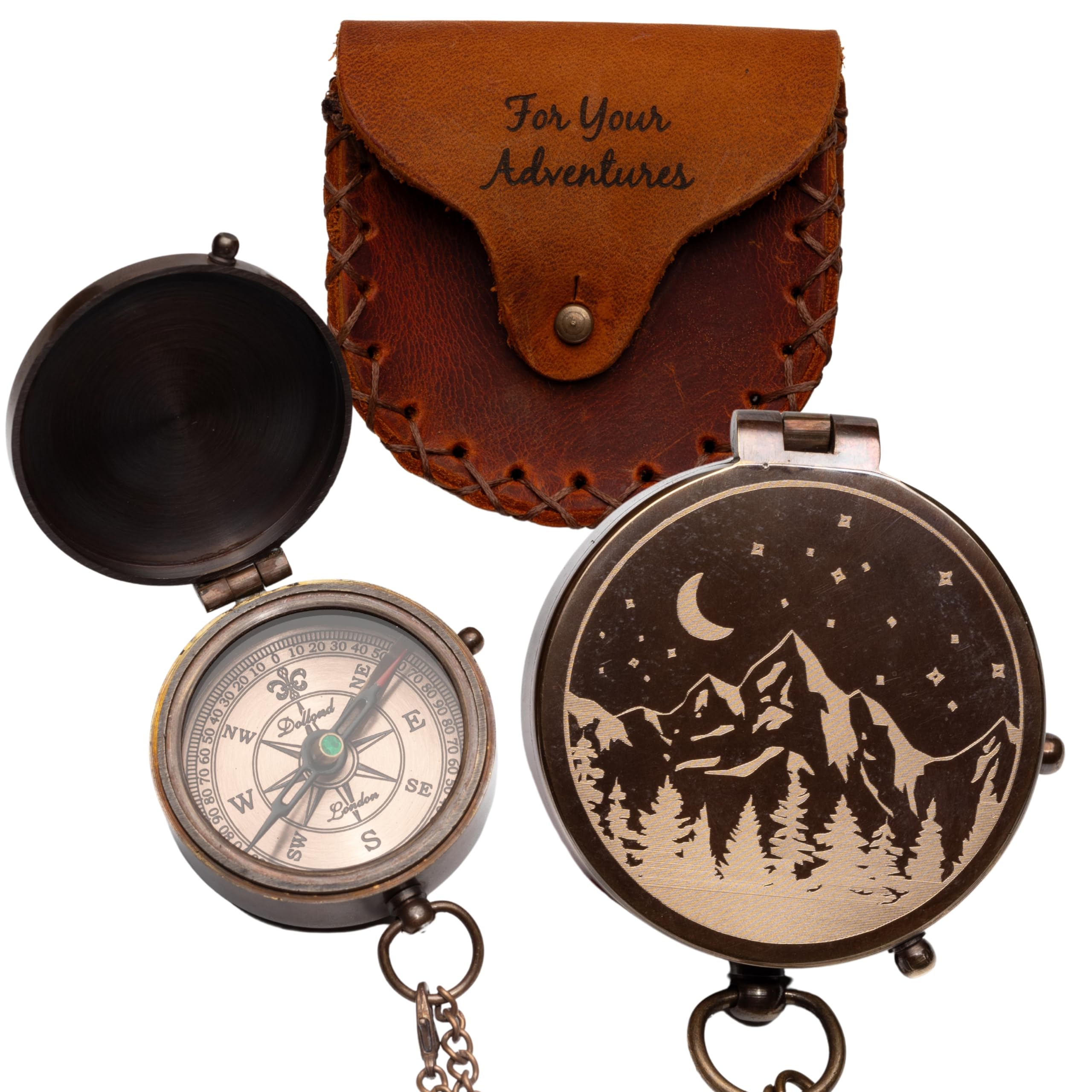 SFdizayn Antique Brass Compass with Leather Case - Mountains, Moon ...