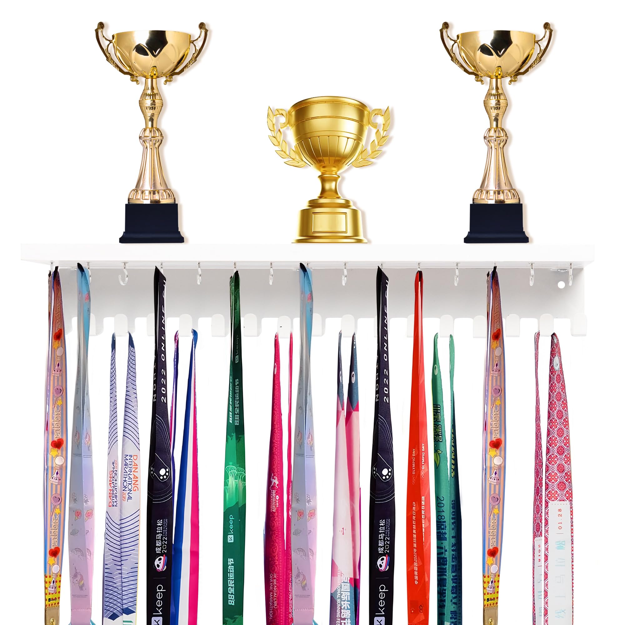 Defined Deco Medal Hanger Display and Trophy Shelf with 32 Hooks-Wooden ...