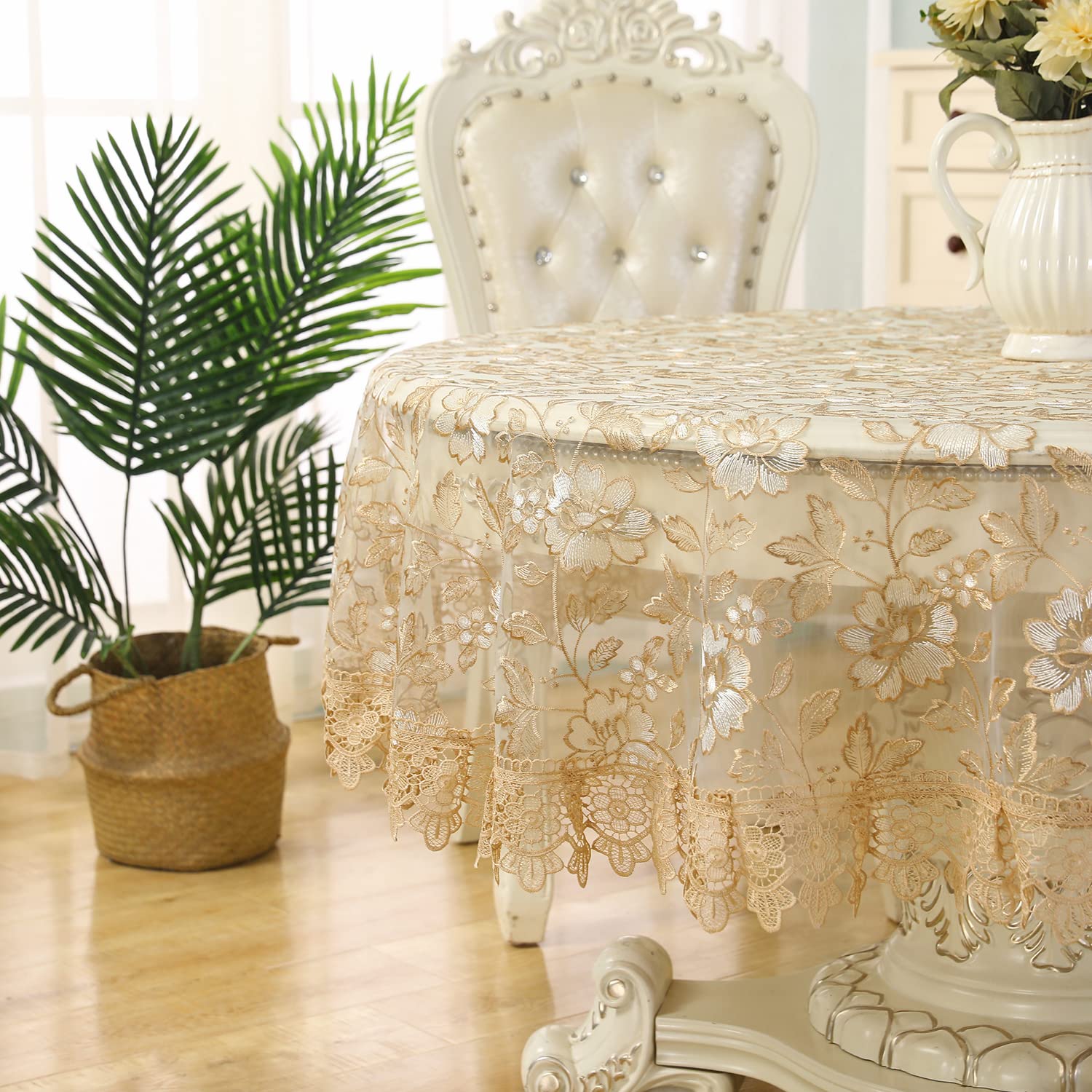 Gold Tablecloth Lace Macrame Vintage Tablecloth Shabby Chic Embroidered Round Table Cover for ...