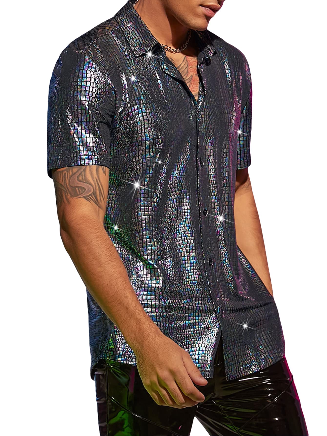 WDIRARA Men's 70s Sparkly Disco Top Crocodile Pattern Metallic Rave Button Down Shirt Short ...