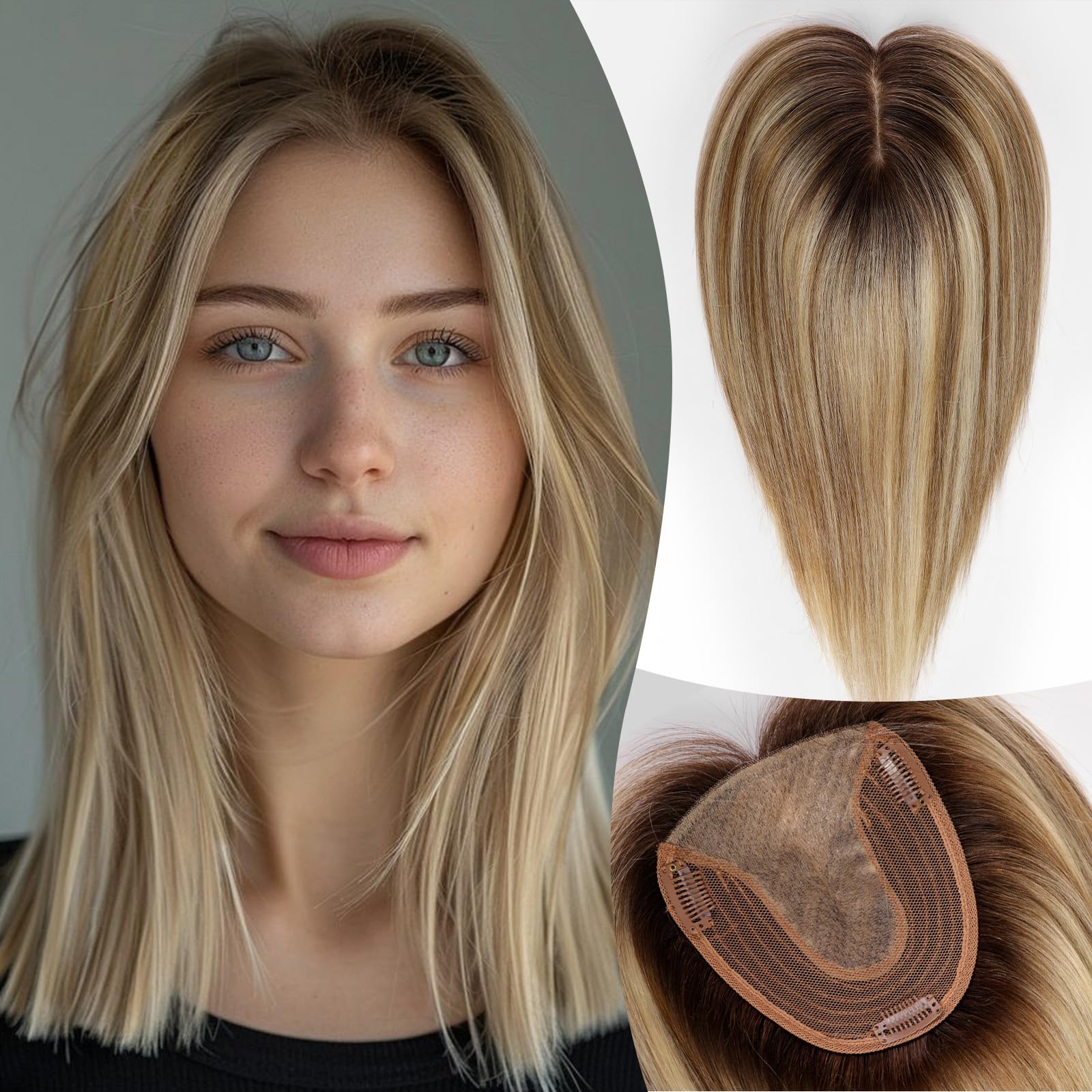 EMMOR Human Hair Toppers for Women with Thinning Hair Real Hair Toppers for Women 12inch Skin ...