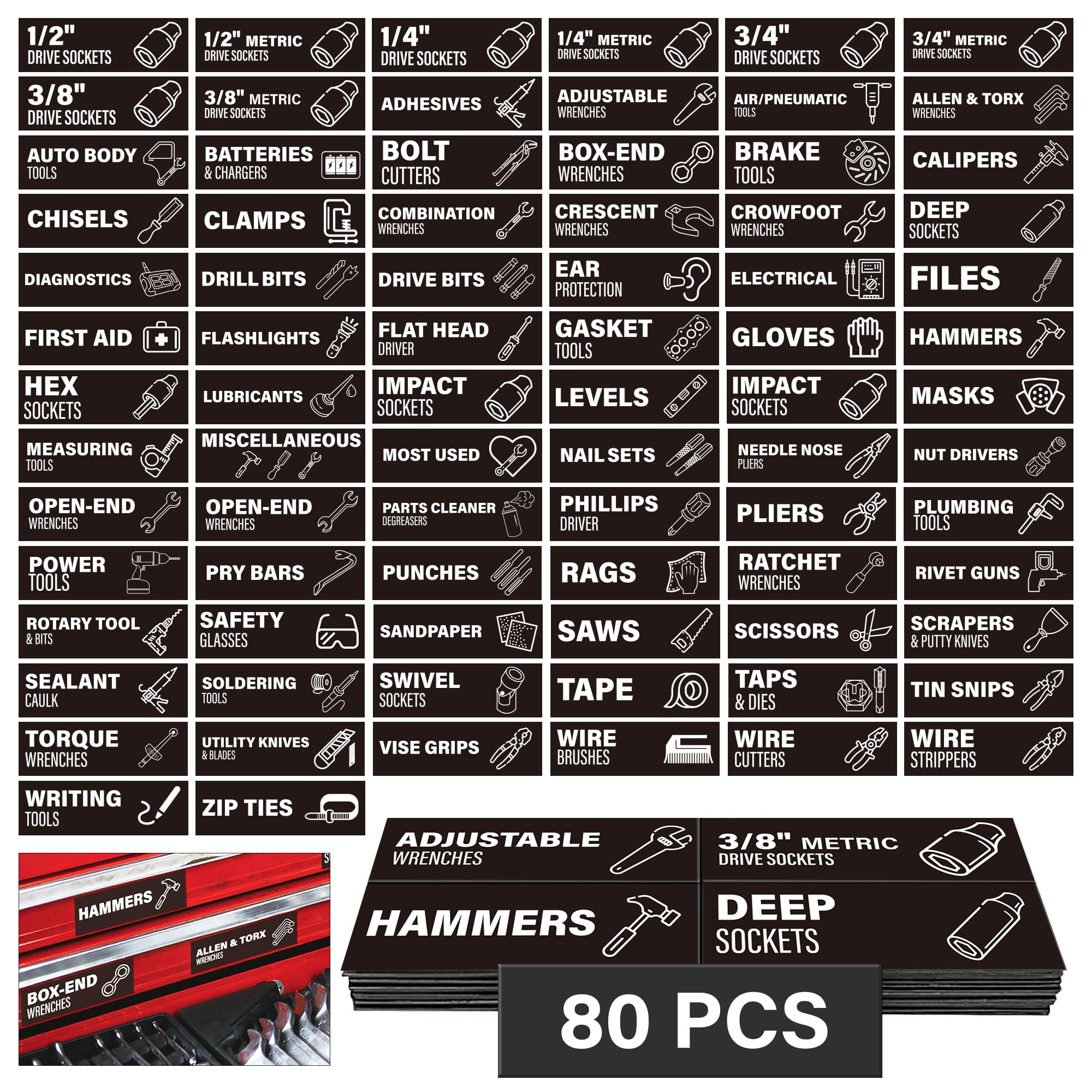 Toolbox Organization Magnetic Labels 80 Pcs, Tool Organizer Icon Labels ...