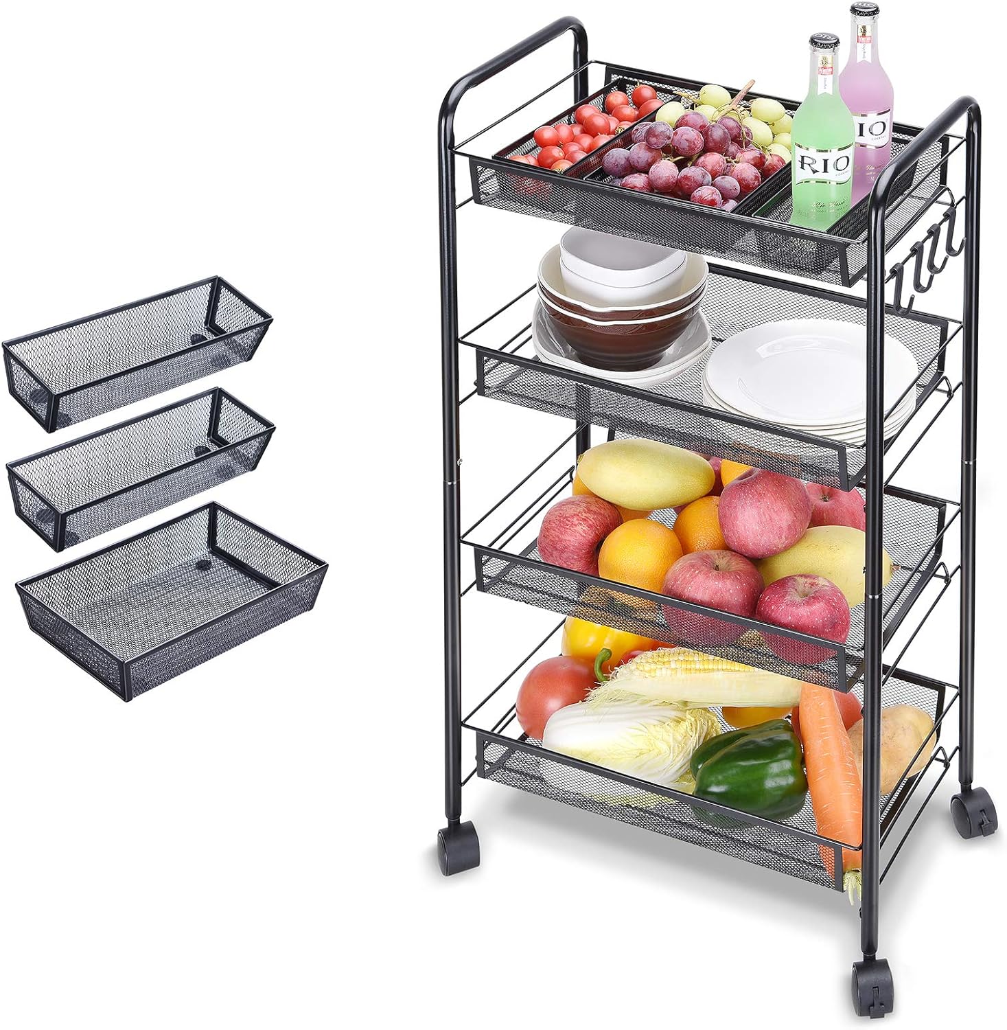WuGeShop 4-Tier Storage Trolley, Metal Rolling Utility Cart with 4 ...