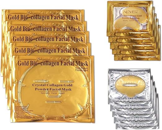 24k Gold Mask Set, 5 Packs Gold Bio-collagen Face Mask + 5 Packs Gold ...