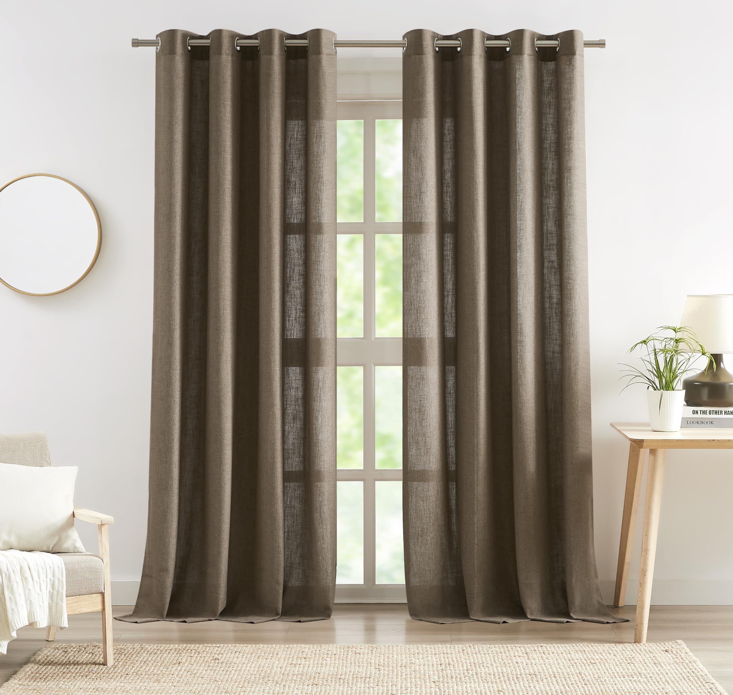 Central Park Coffee Linen Semi Sheer Grommet Curtain Panel 95 Inches ...