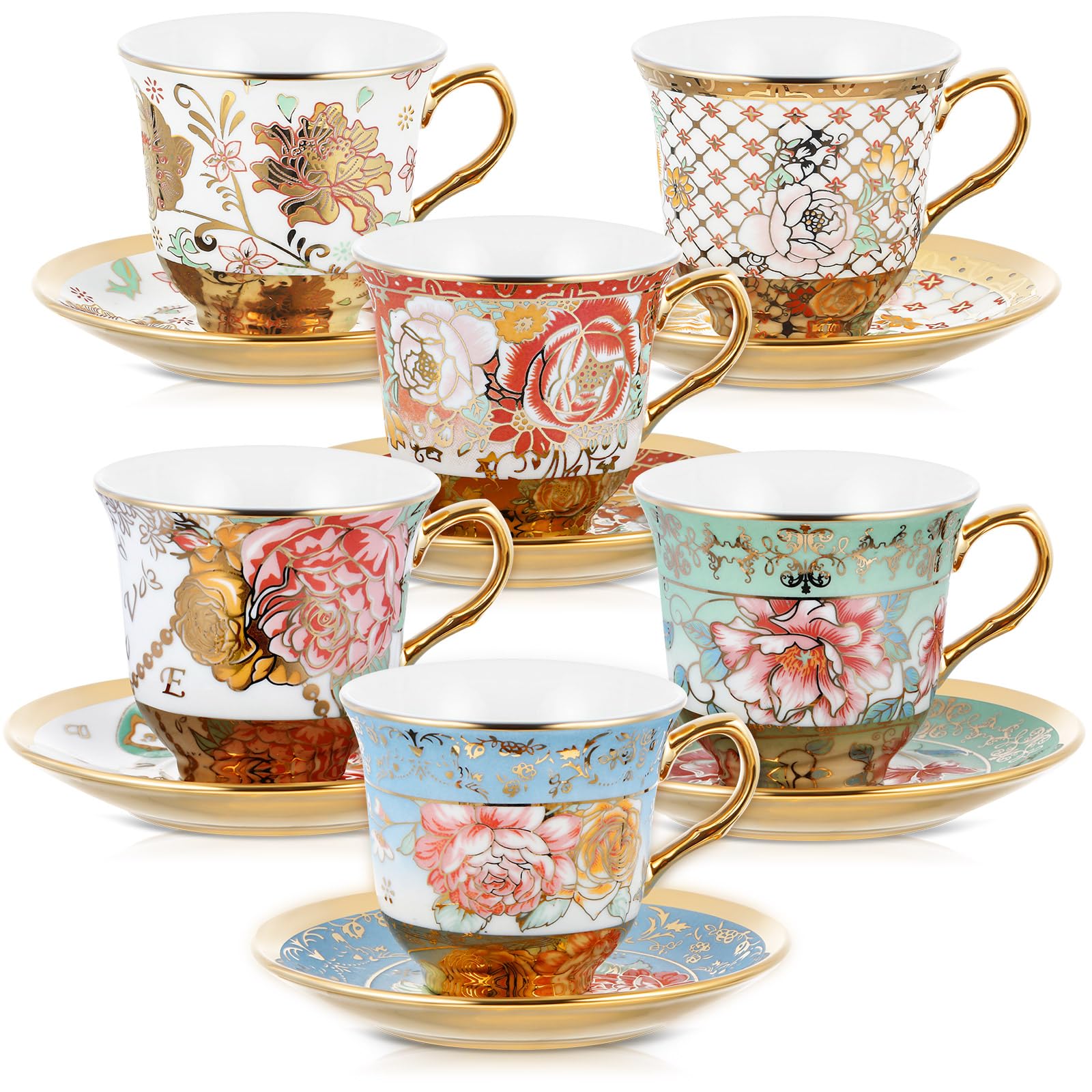 Teenyyou Set of 6 Tea Cups and Saucers Tea Party Decorations Floral ...