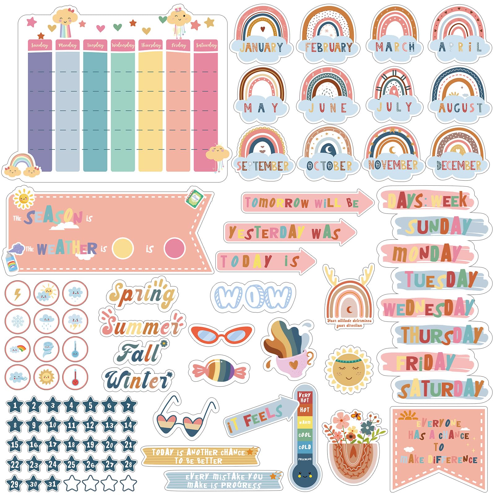 SATINIOR 85 Pcs Boho Calendar Bulletin Board Set Rainbow Classroom ...