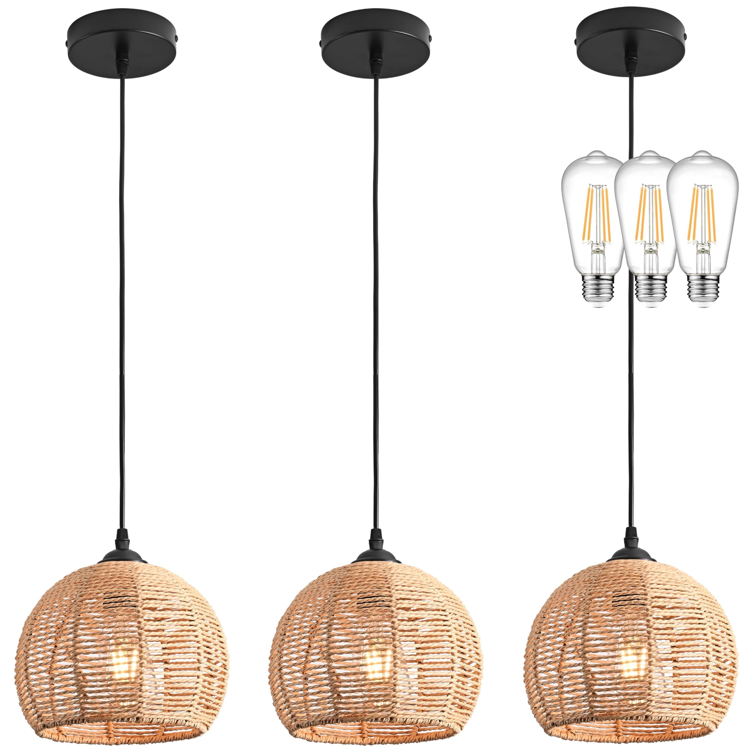 AyshwillDec 3 Pack Wicker Pendant Light Natural Woven Pendant Light ...