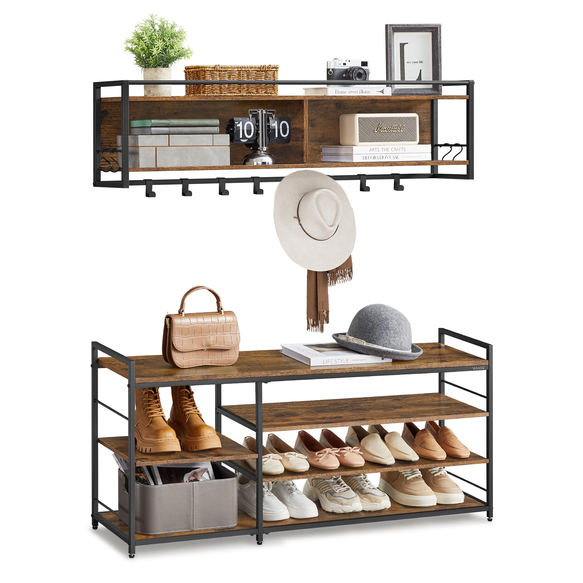 VASAGLE Hall Tree with Shoe Bench, Coat Rack Shoe Bench Set, Entryway ...