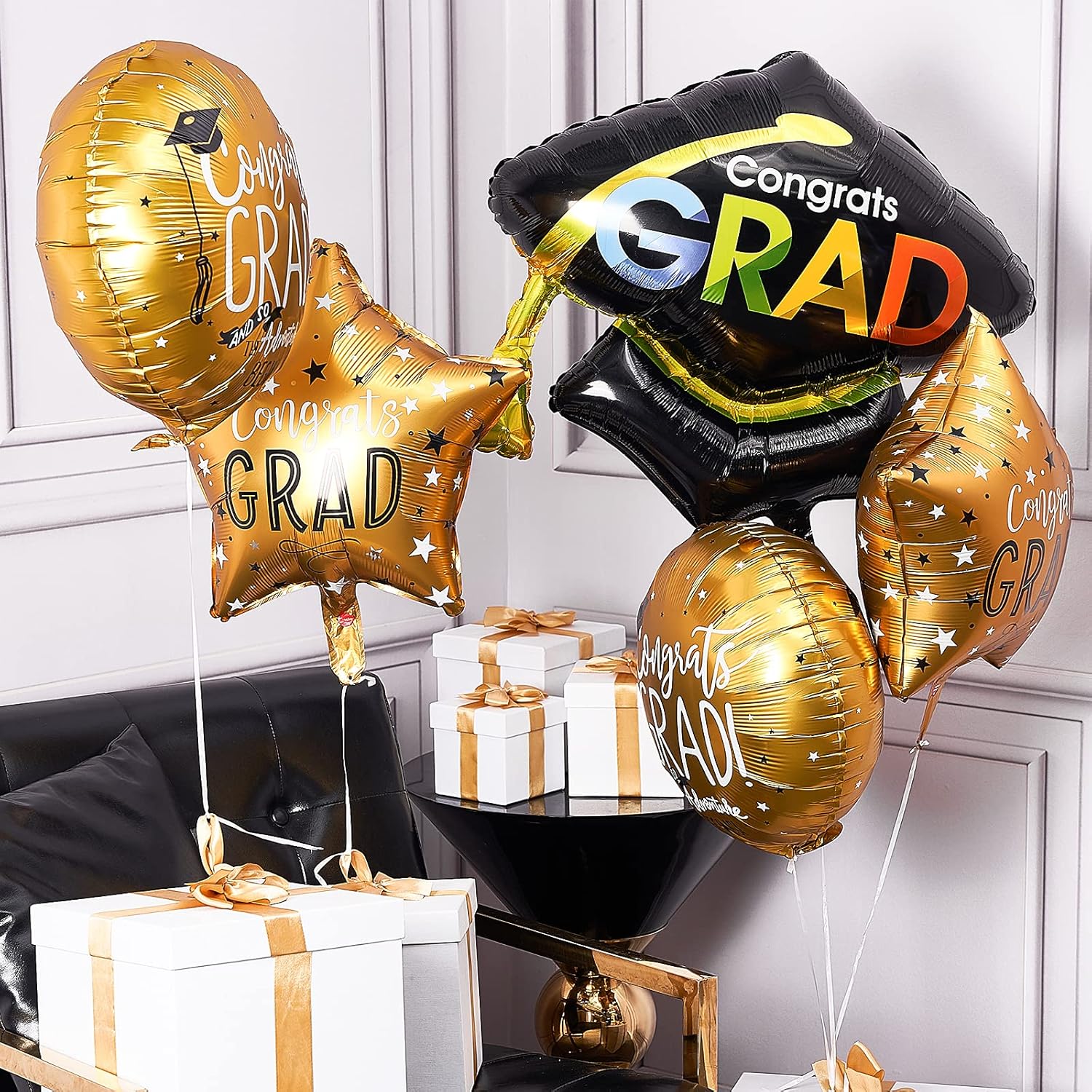 LuluPlus Graduation Balloons, 6 pcs Black and Gold Graduation Balloons ...