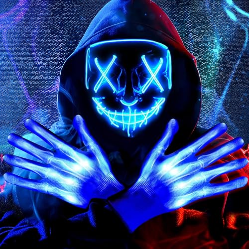 Onsucum Halloween Glowing Mask with Gloves, Blue Scary LED Light Up ...