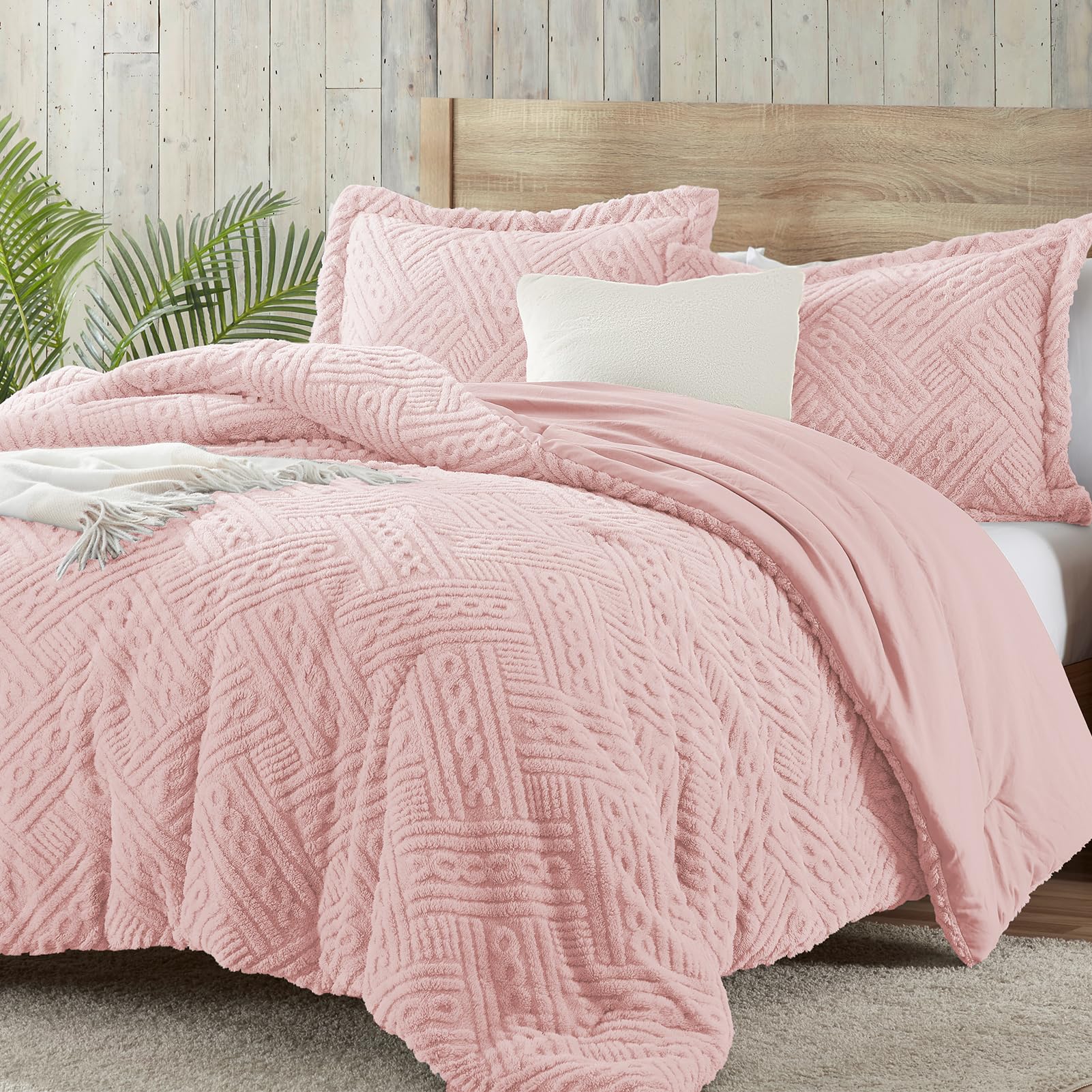 Homelike Moment Fleece Comforter Set Queen Pink, 3 Pieces Soft Fluffy ...