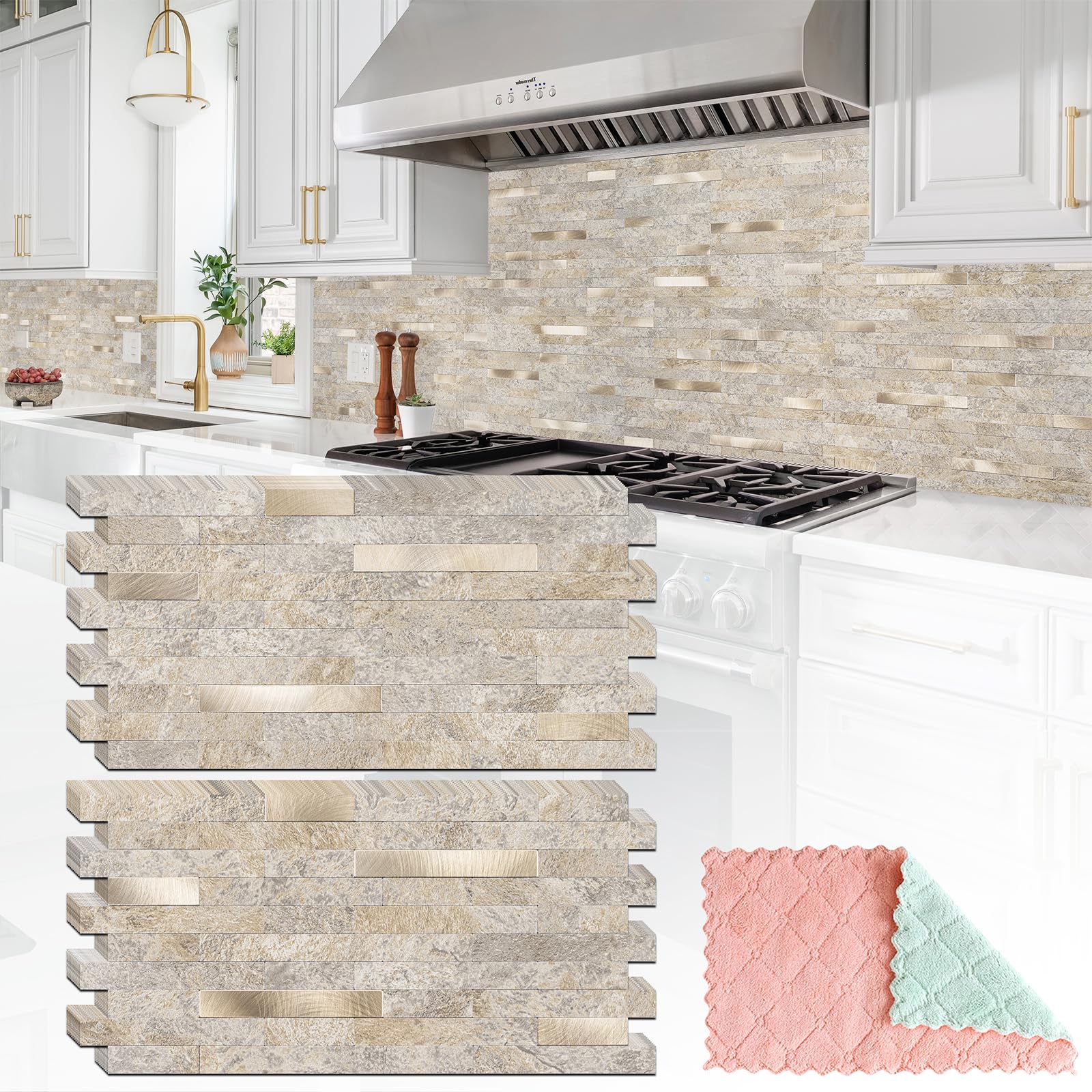 StyloVue 20 Sheets Peel and Stick Backsplash, Dark Beige with Metal ...