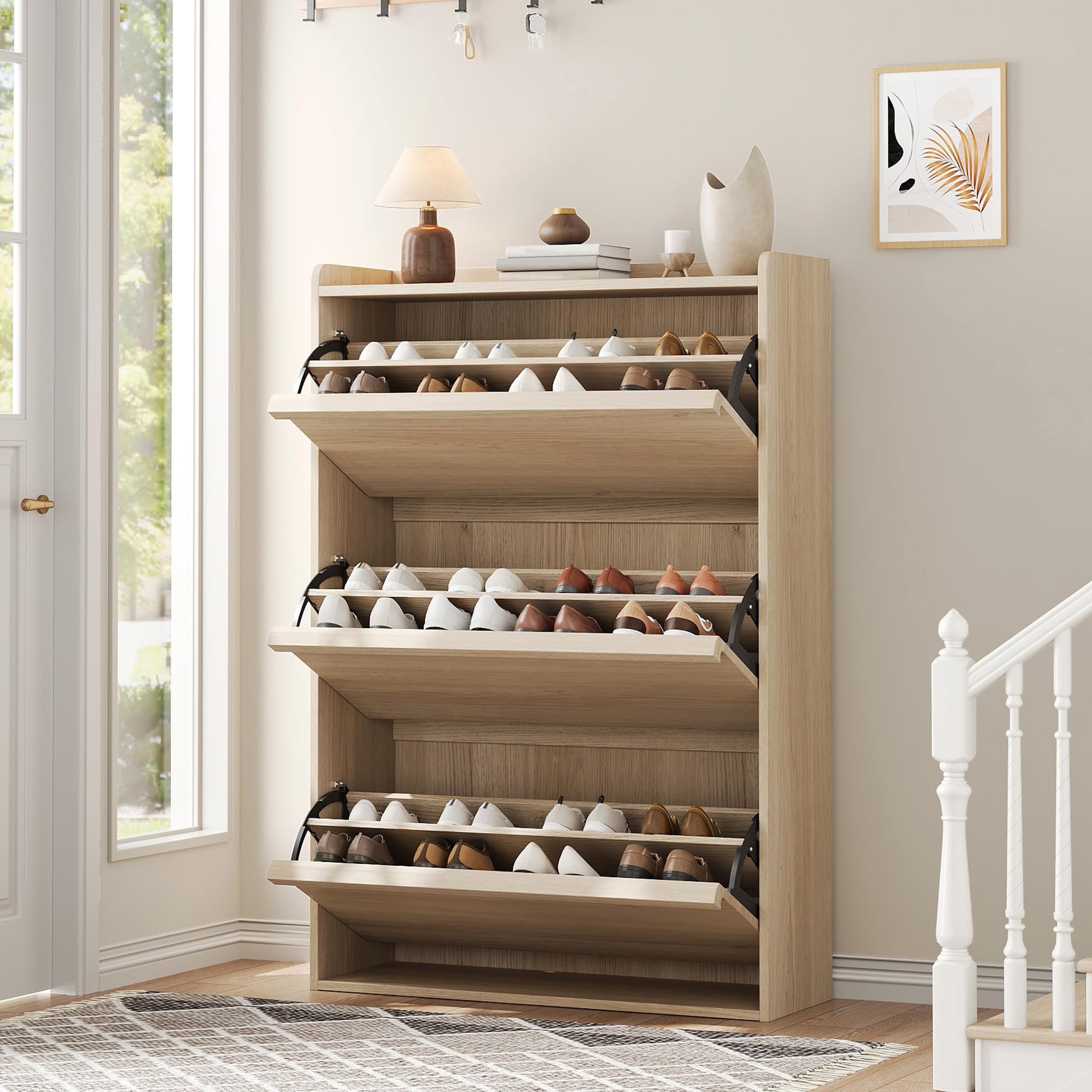 GarveeHome Shoe Cabinet with 3 Flip Drawers, Wooden Shoe Organizer ...