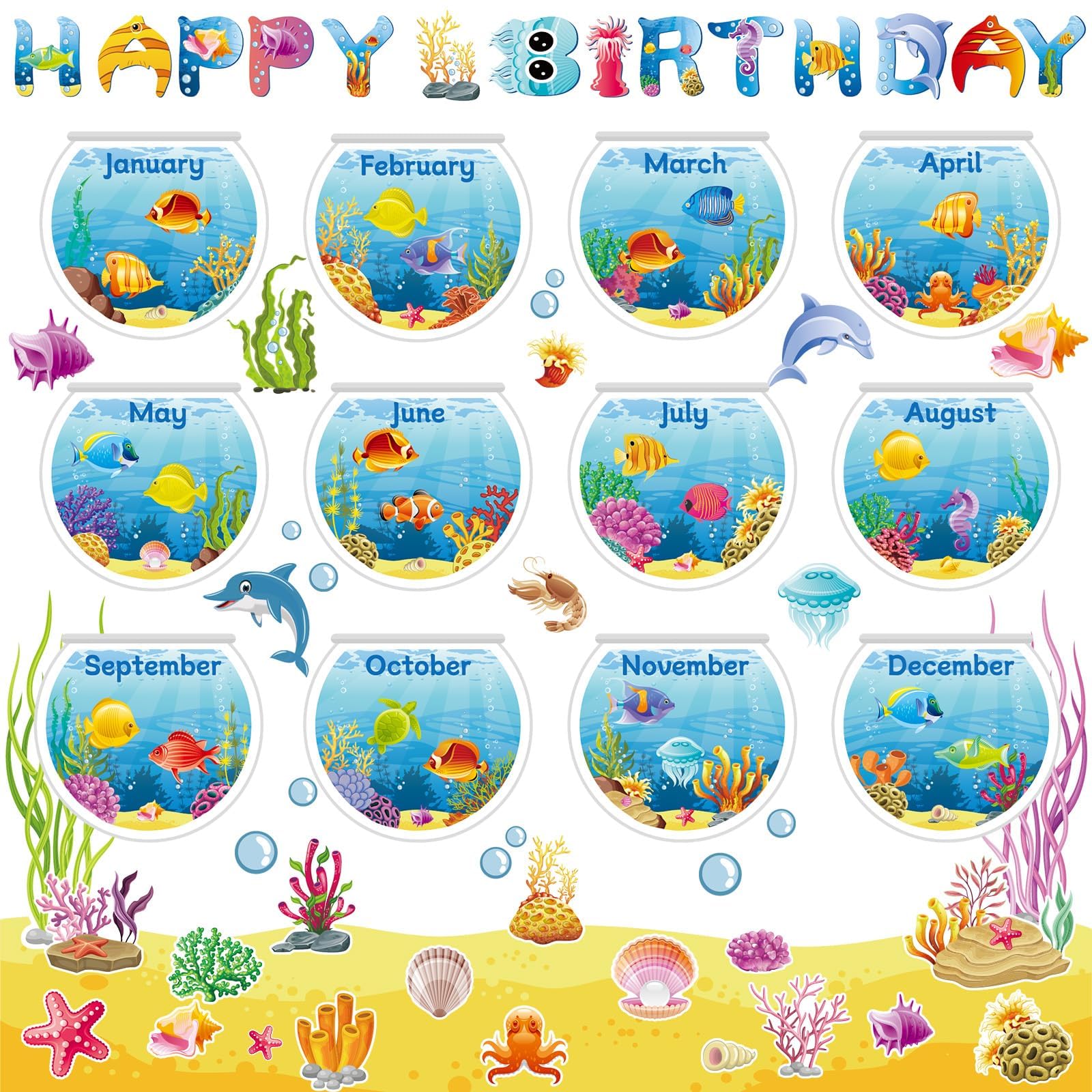 68PCS Happy Birthday Paper Bulletin Board Set Under The Sea Classroom ...