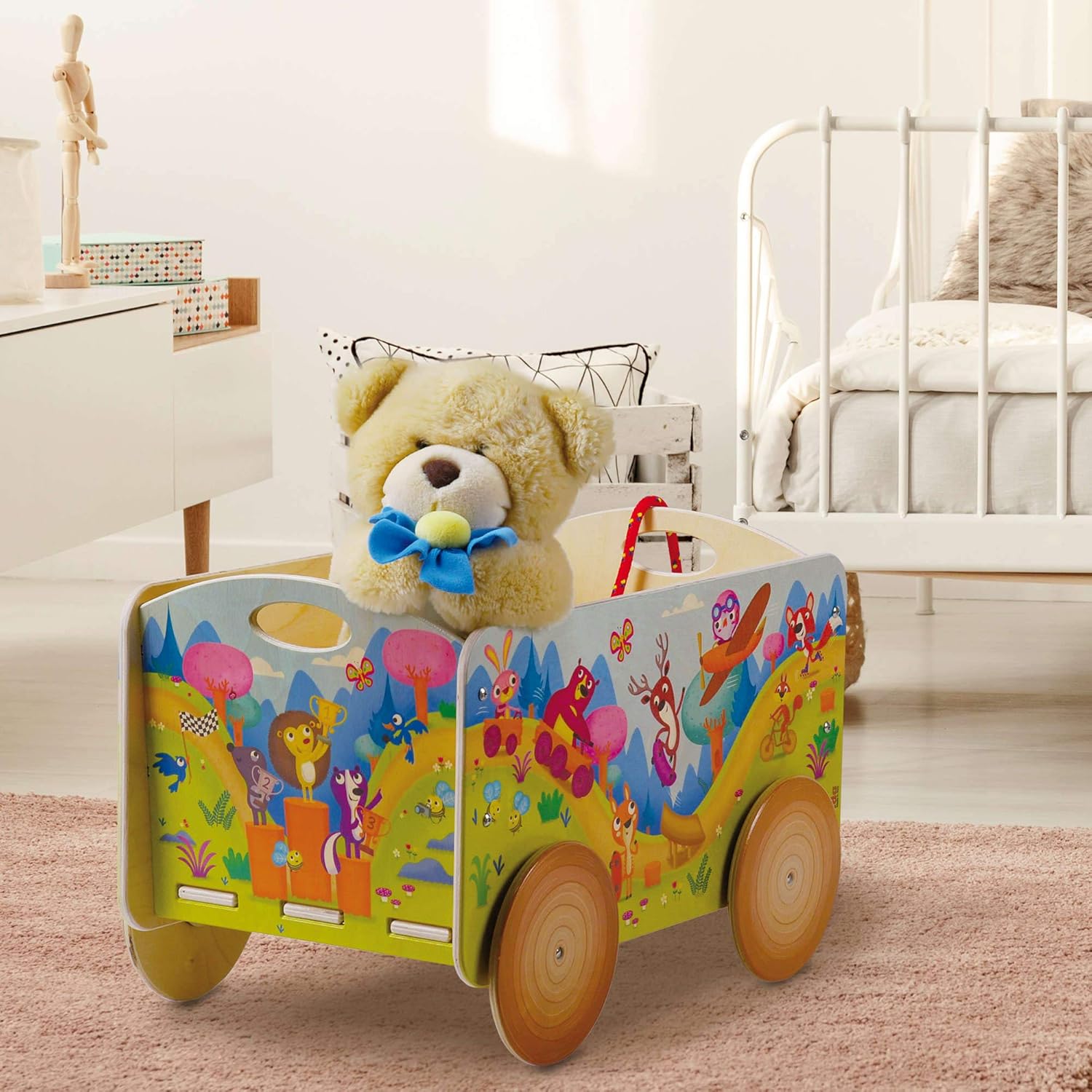 Dida – wooden cart for items and children’s toys. Decoration animals of ...