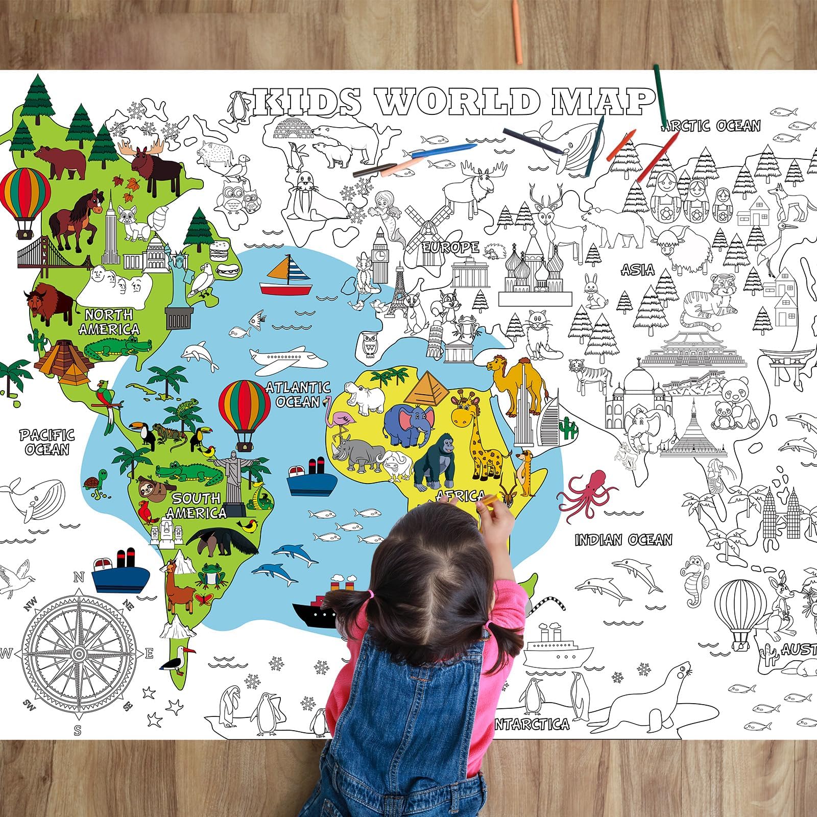 Naozinebi World Map Coloring Poster for Kids Giant Coloring Poster ...