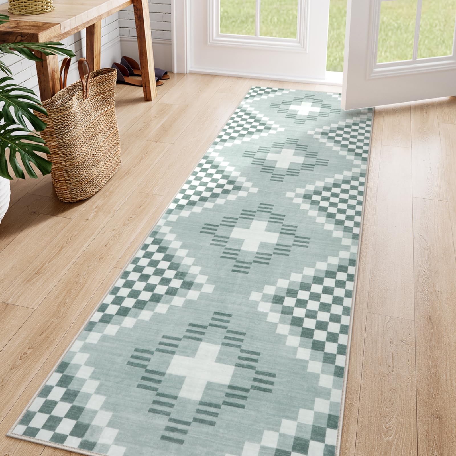 Beeiva Checkered Boho Runners for Hallways 2x6, Green Ultra Thin ...