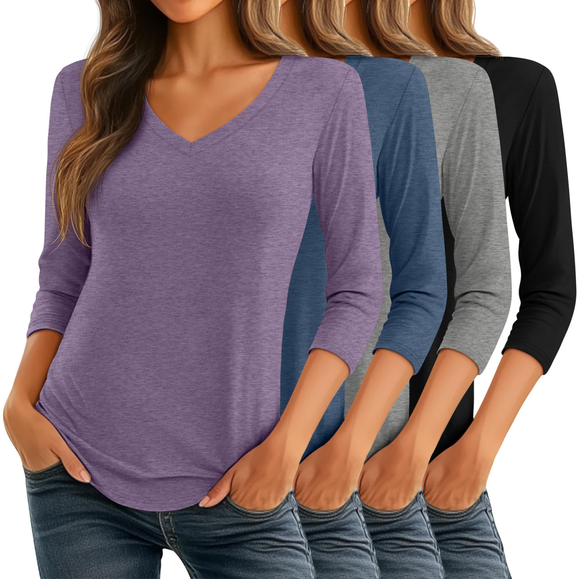 Ficerd 4 Pack Women's 3/4 Sleeve T Shirts, V Neck Casual Tunic Tops ...
